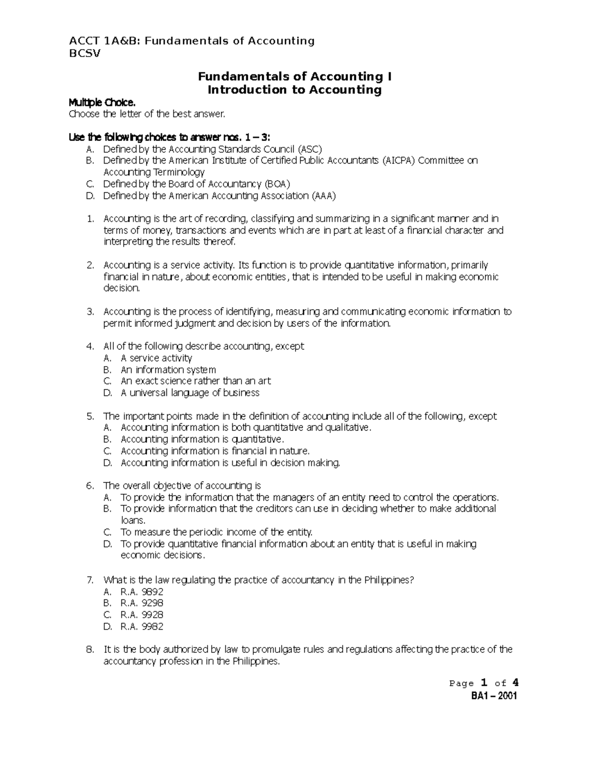 1 ACCT 1AB Intro. to Acctg - BCSV Fundamentals of Accounting I ...