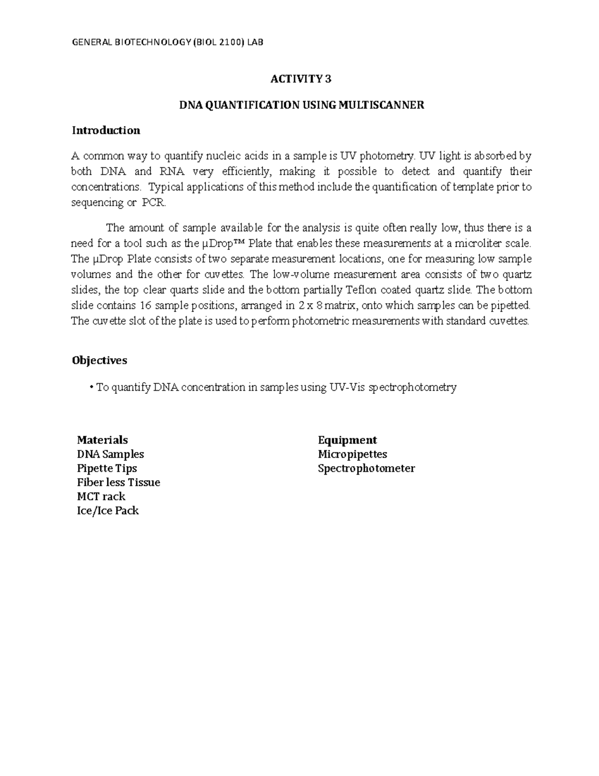 BIOL2100 Act3 DNA Quantification - GENERAL BIOTECHNOLOGY (BIOL 2100 ...