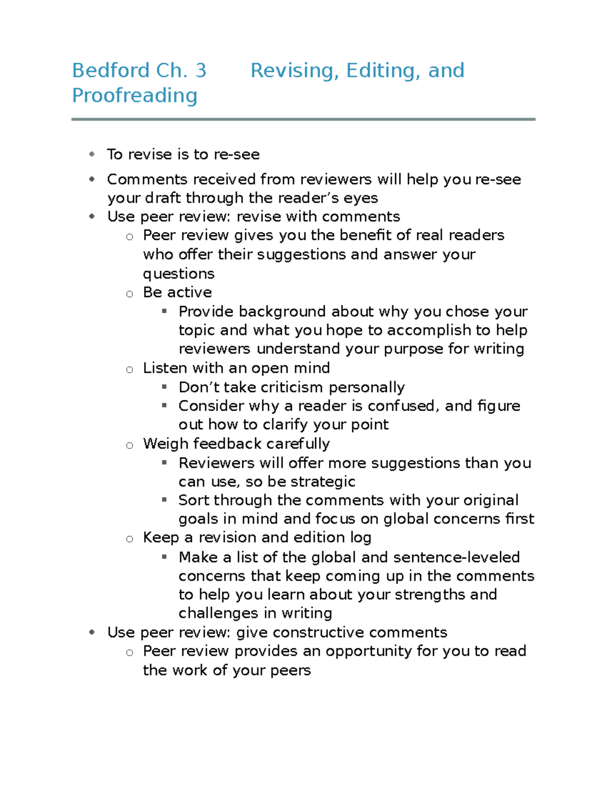 ENG - 101 Bedford Ch. 3 Notes - Bedford Ch. 3 Revising, Editing, and ...