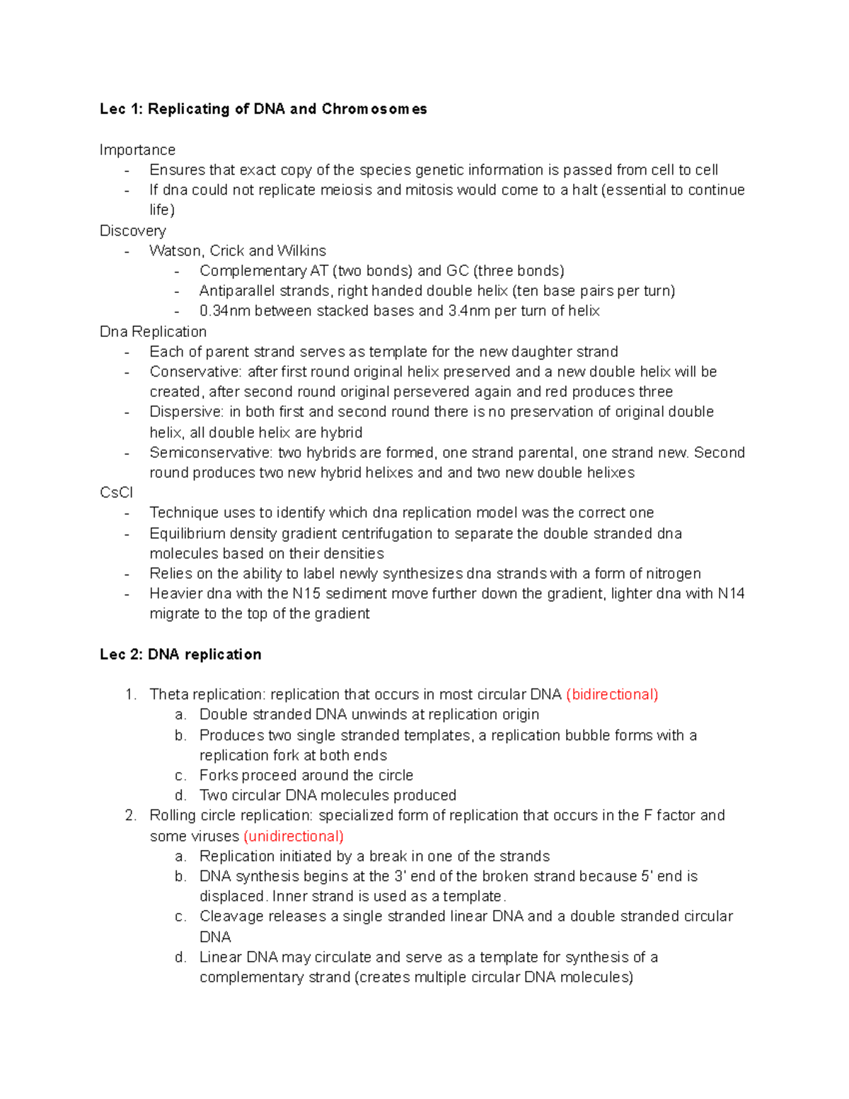 MBG 2040 Final Exam Notes - Lec 1: Replicating of DNA and Chromosomes ...