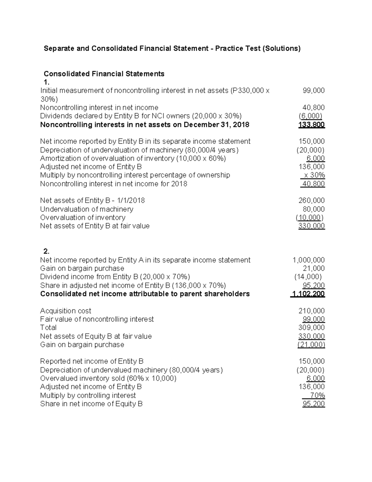 Separate and Conso FS - Practice Test (Solutions) - Separate and ...