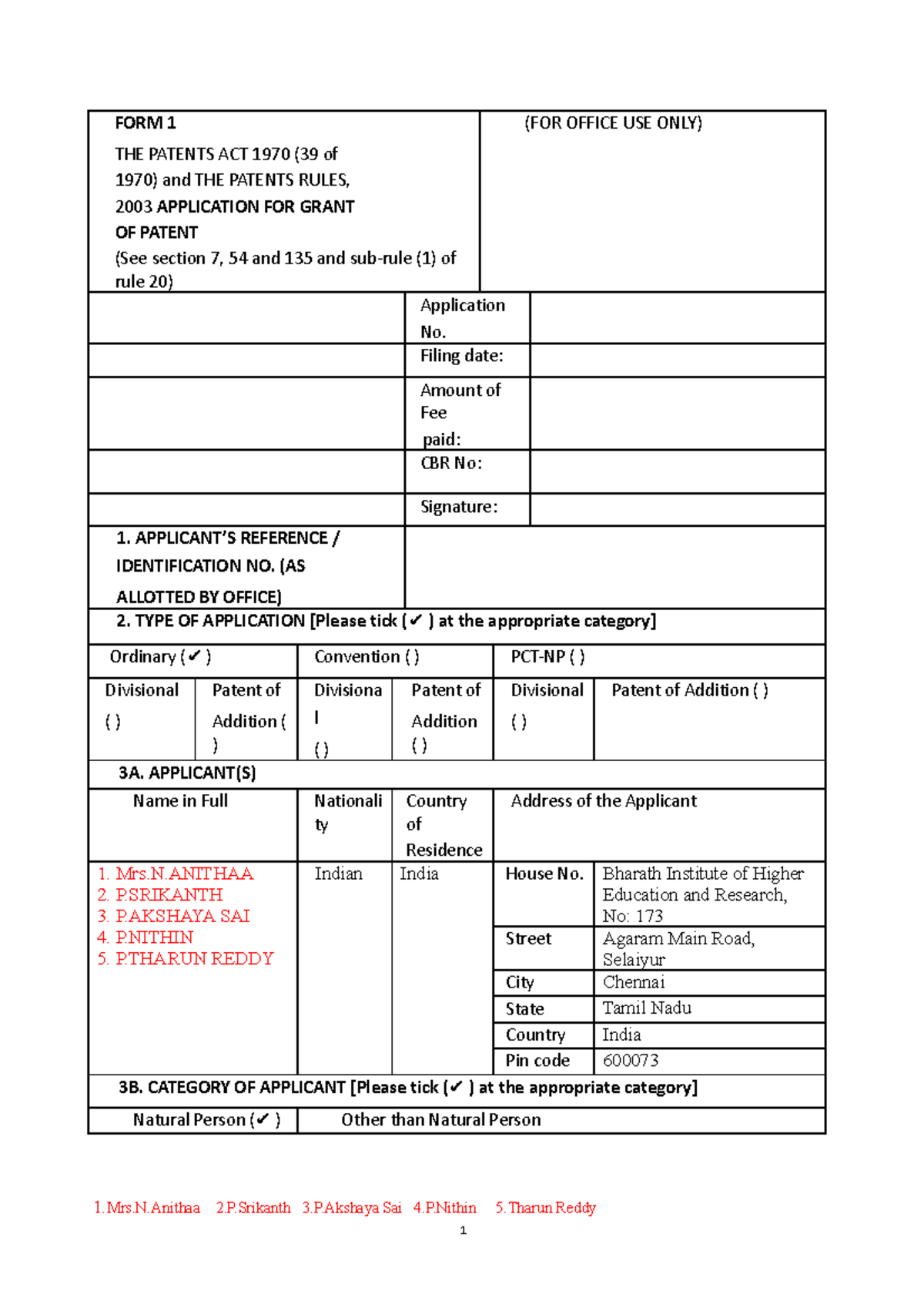 Patent Sample - FORM 1 THE PATENTS ACT 1970 (39 of 1970) and THE ...