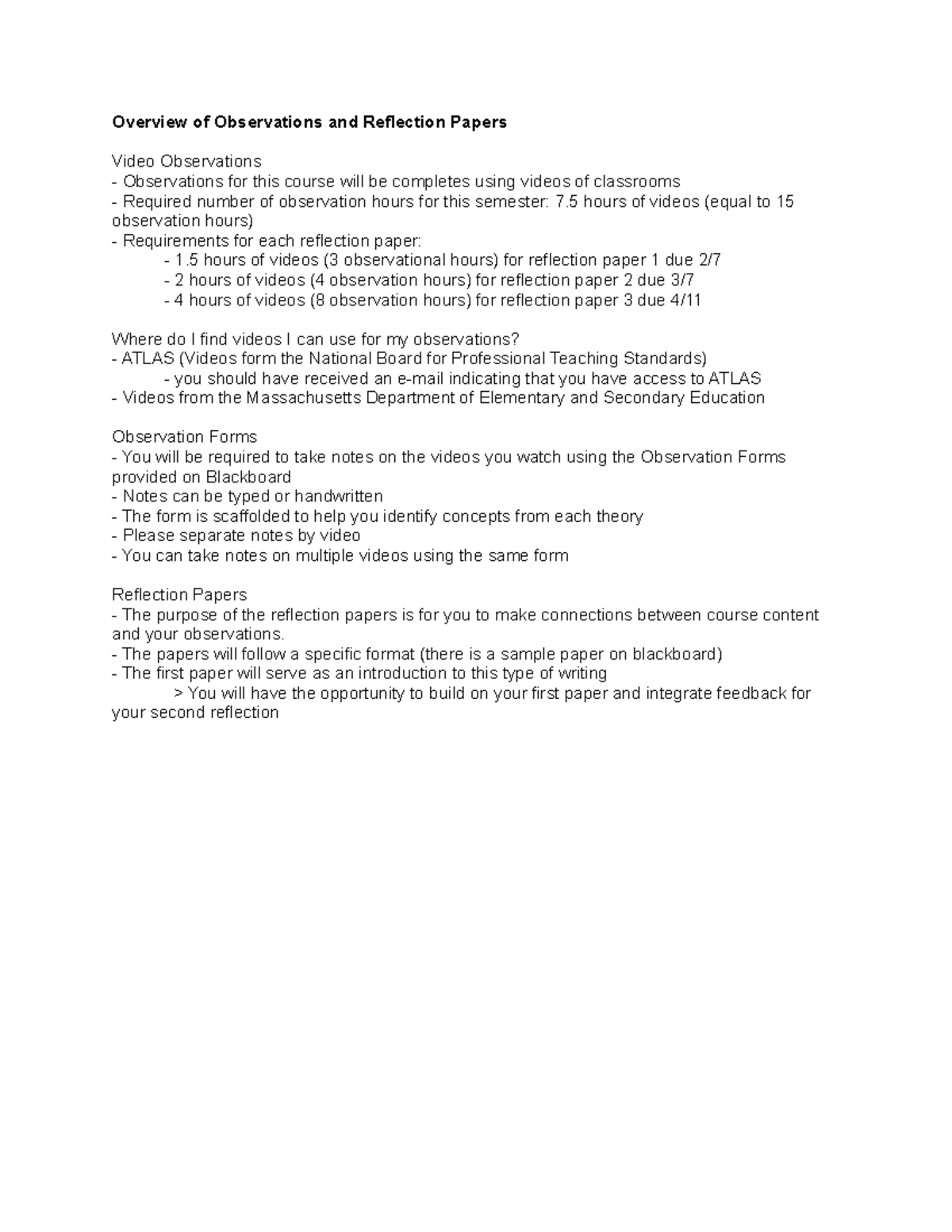 Overview of Observations and Reflection Papers -2 - Overview of ...