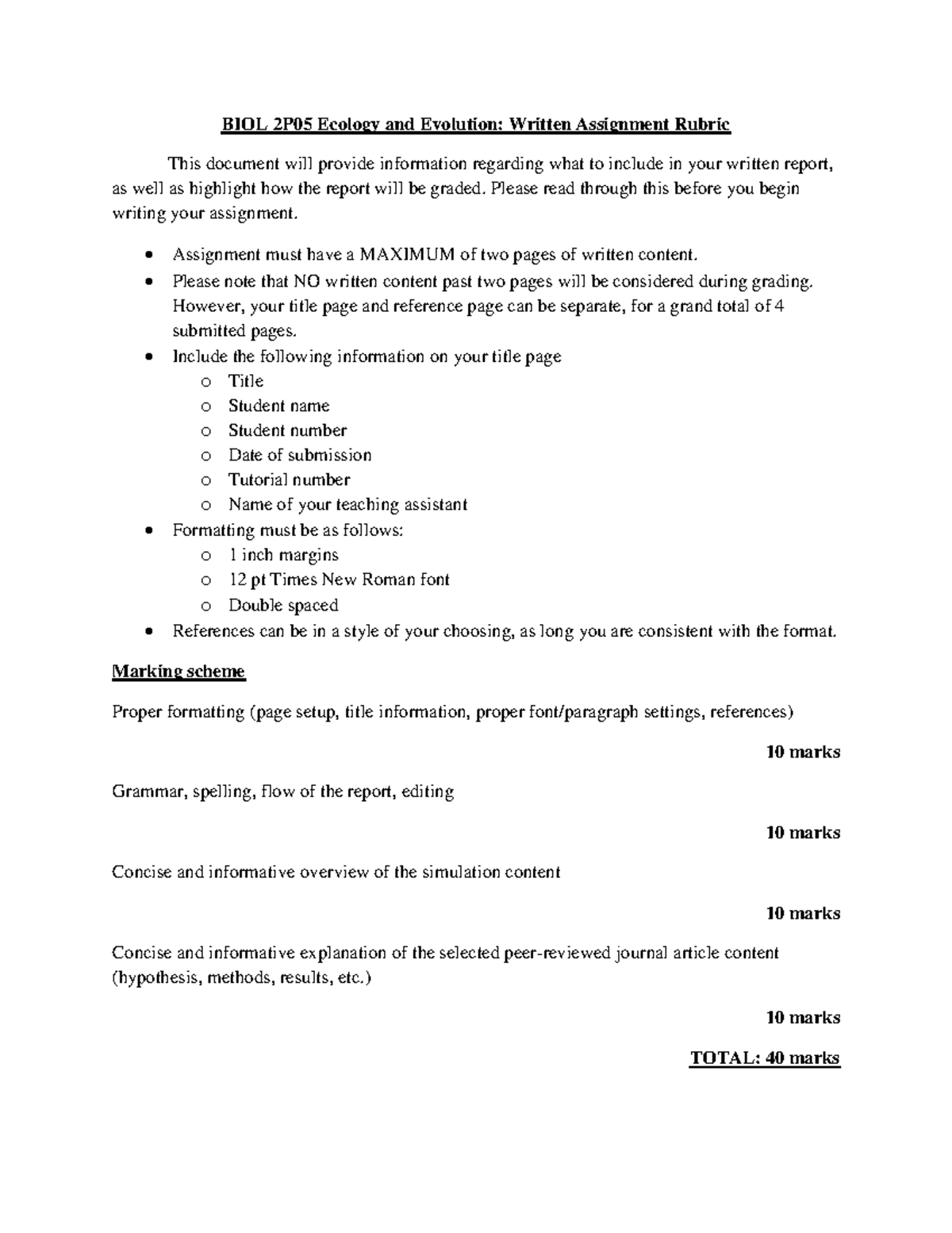 BIOL 2P05 Assignment Rubric - BIOL 2P05 Ecology and Evolution: Written ...