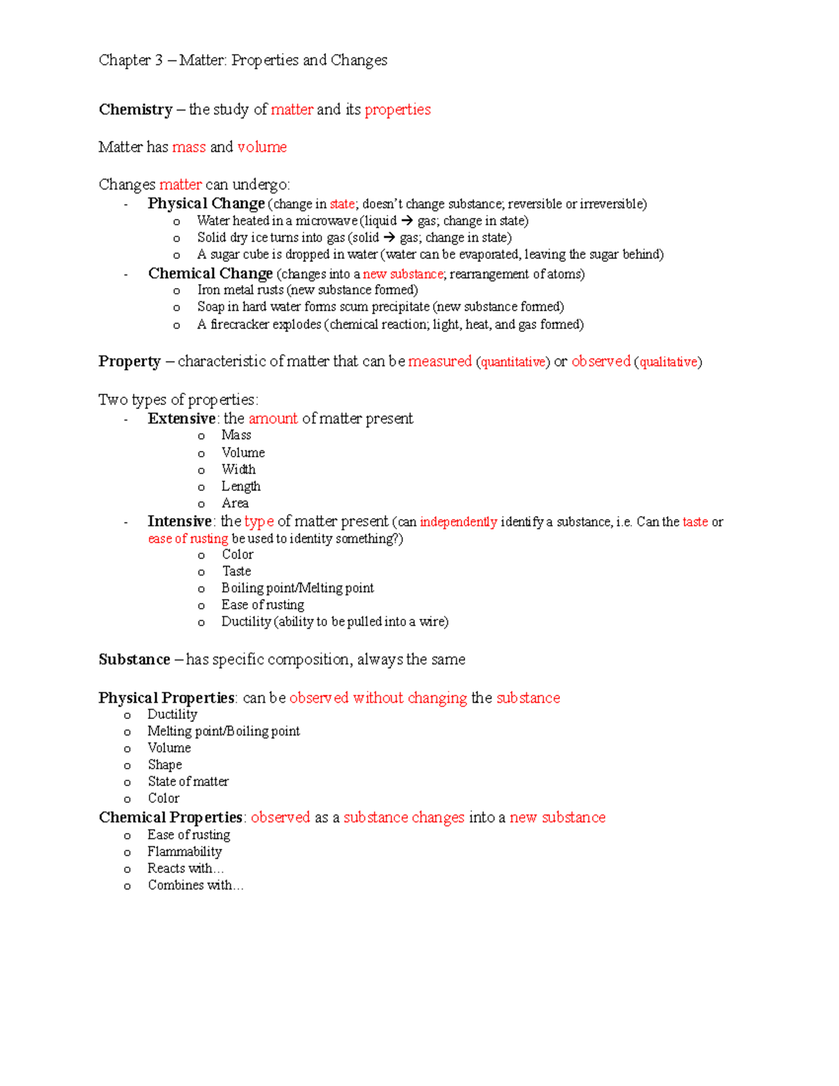 Chapter 3 - chem notes - Chapter 3 – Matter: Properties and Changes ...