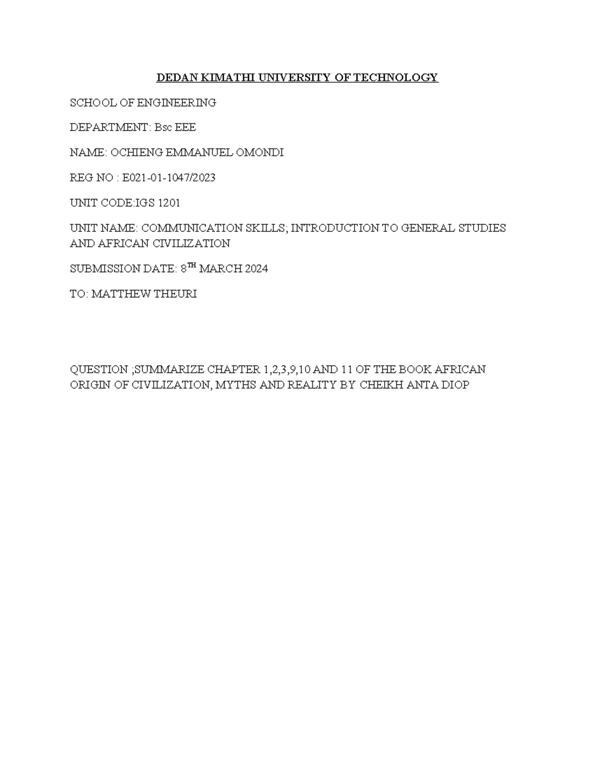 IGS Assignment - Electrical engineering documents - DEDAN KIMATHI UNIVERSITY OF TECHNOLOGY ...