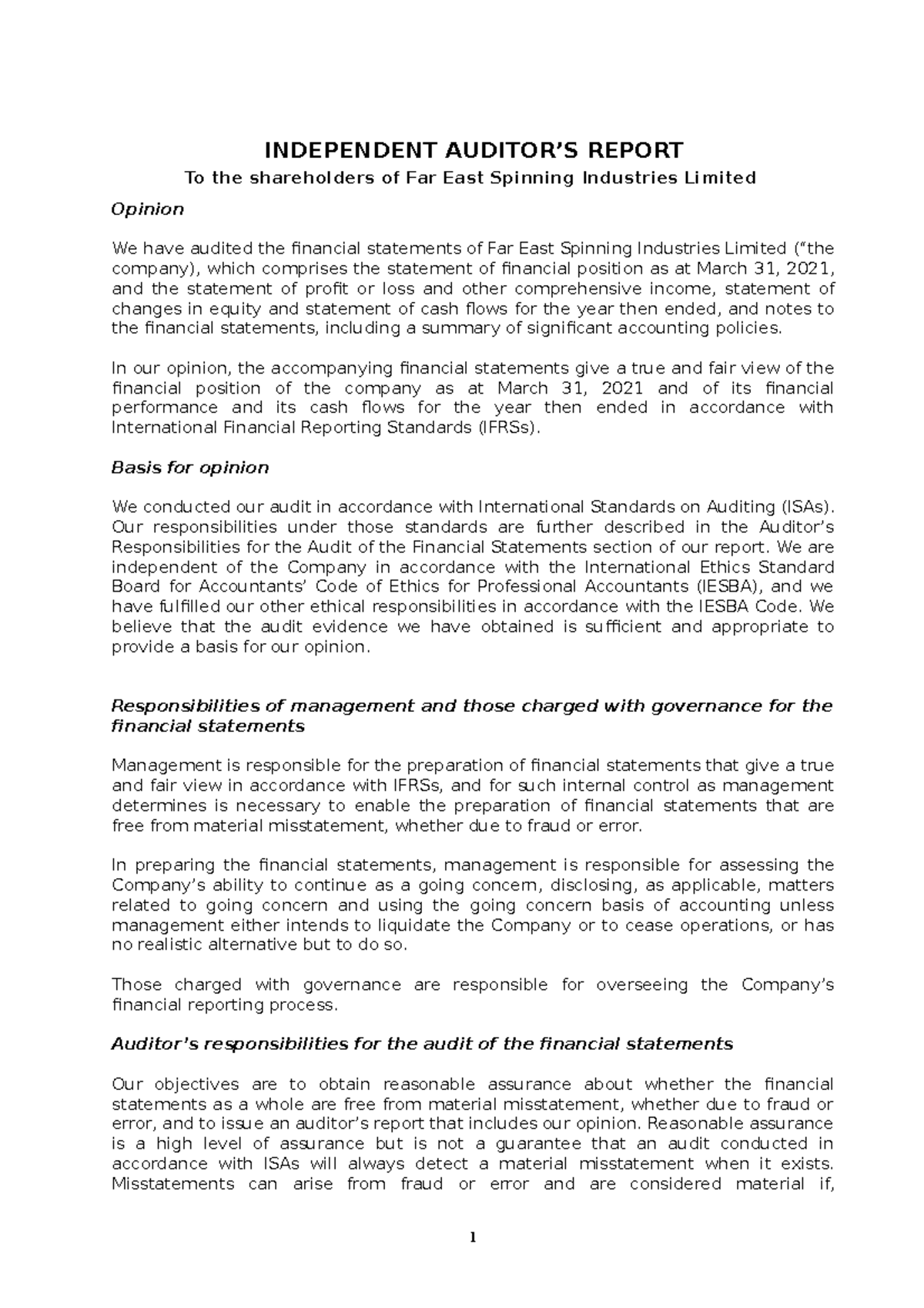 02. Audit Report 2020 Fesil - INDEPENDENT AUDITOR’S REPORT To the ...