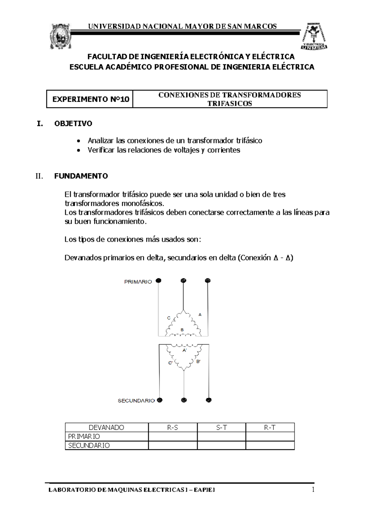 GUIA N°10 - Experimento N°10 - Conexiones DE Transformadores Trifasicos - FACULTAD DE INGENIERÍA ...