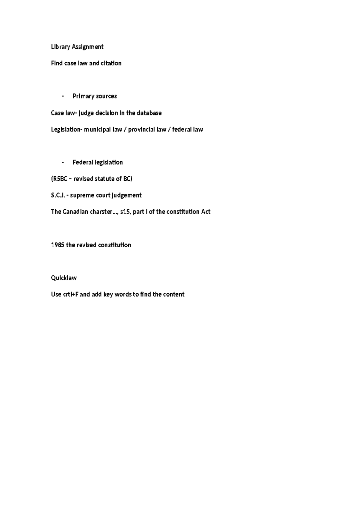 Library Assignment - Library Assignment Find case law and citation - Primary sources Case law ...