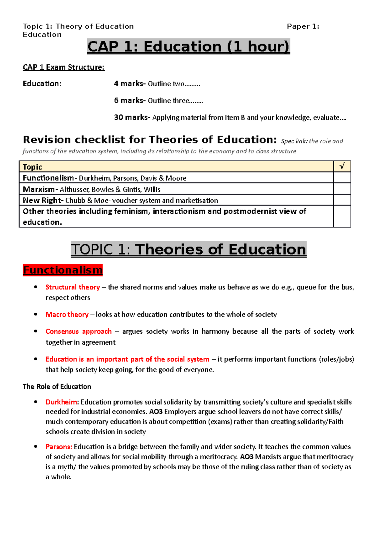CAP 1 Revision lecture notes/revision - Education CAP 1: Education (1 ...
