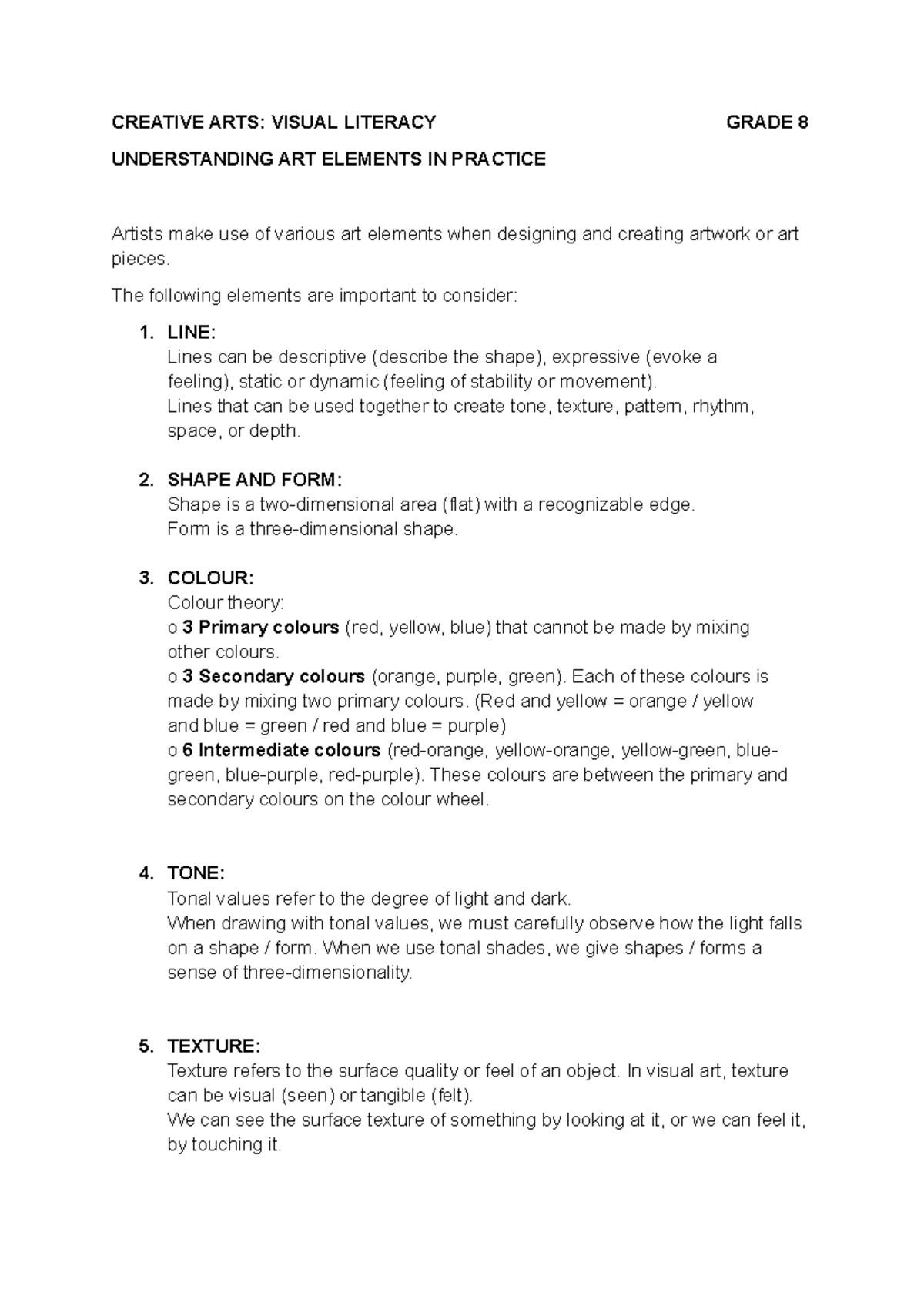 Creative Arts - Grade 8 Art Elements - CREATIVE ARTS: VISUAL LITERACY ...