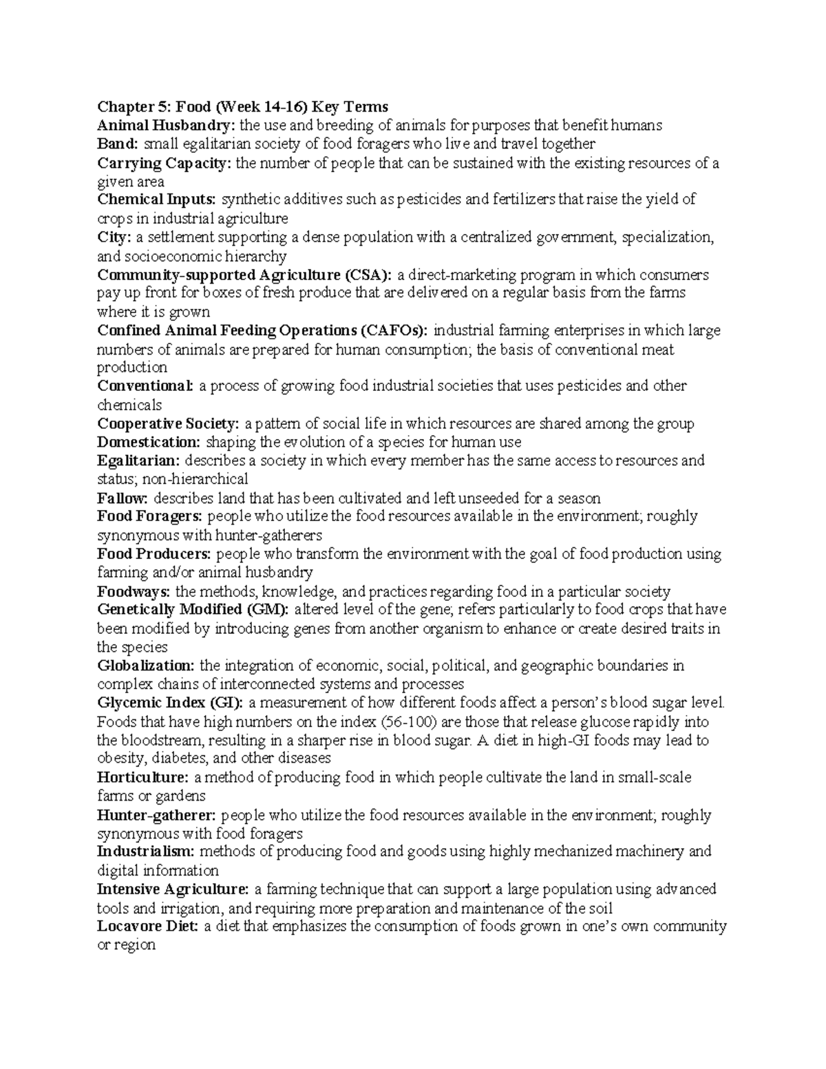 ANTH 2301 Chapter 5 Key Terms - Chapter 5: Food (Week 14-16) Key Terms ...