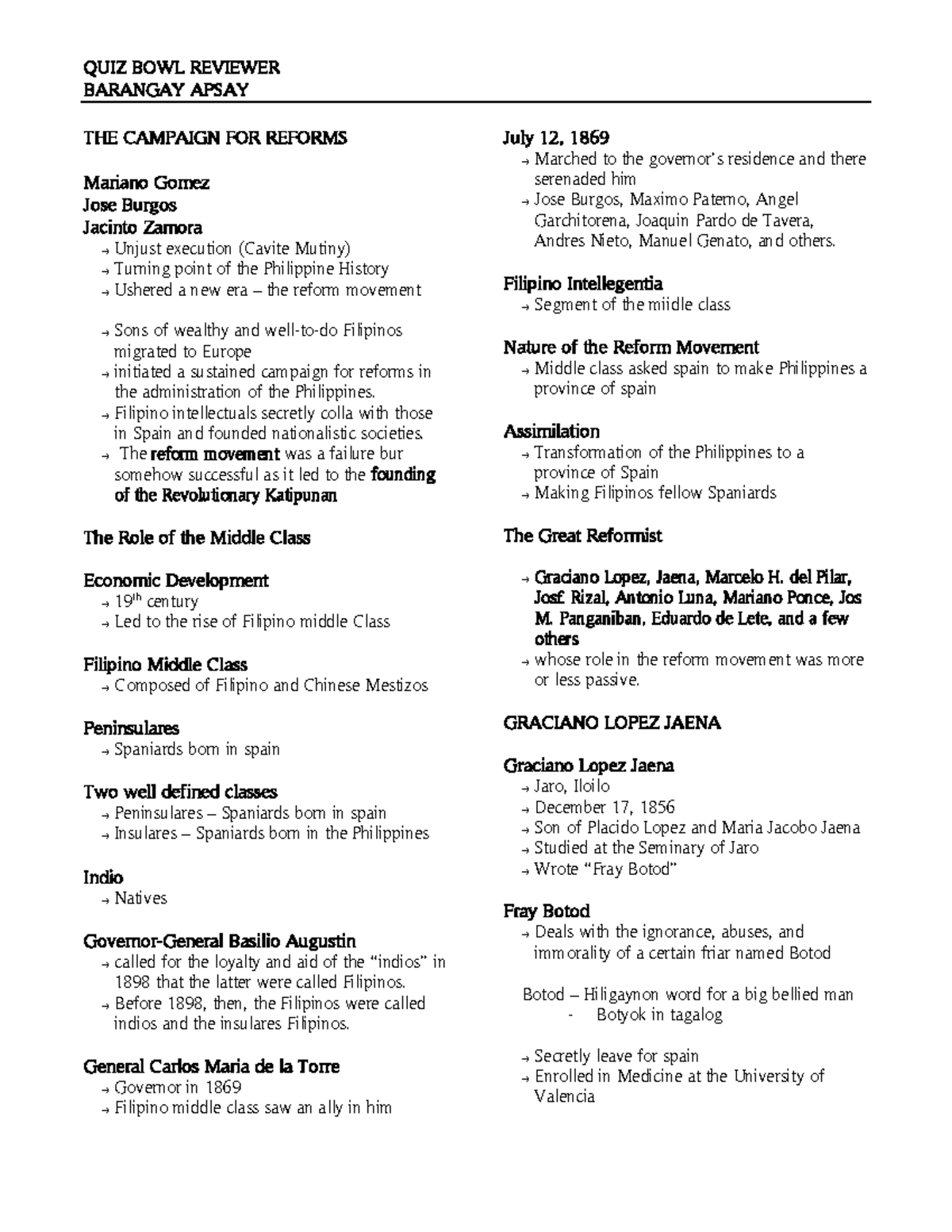 Reform-Movement - Summary Philippine History - BARANGAY APSAY THE ...