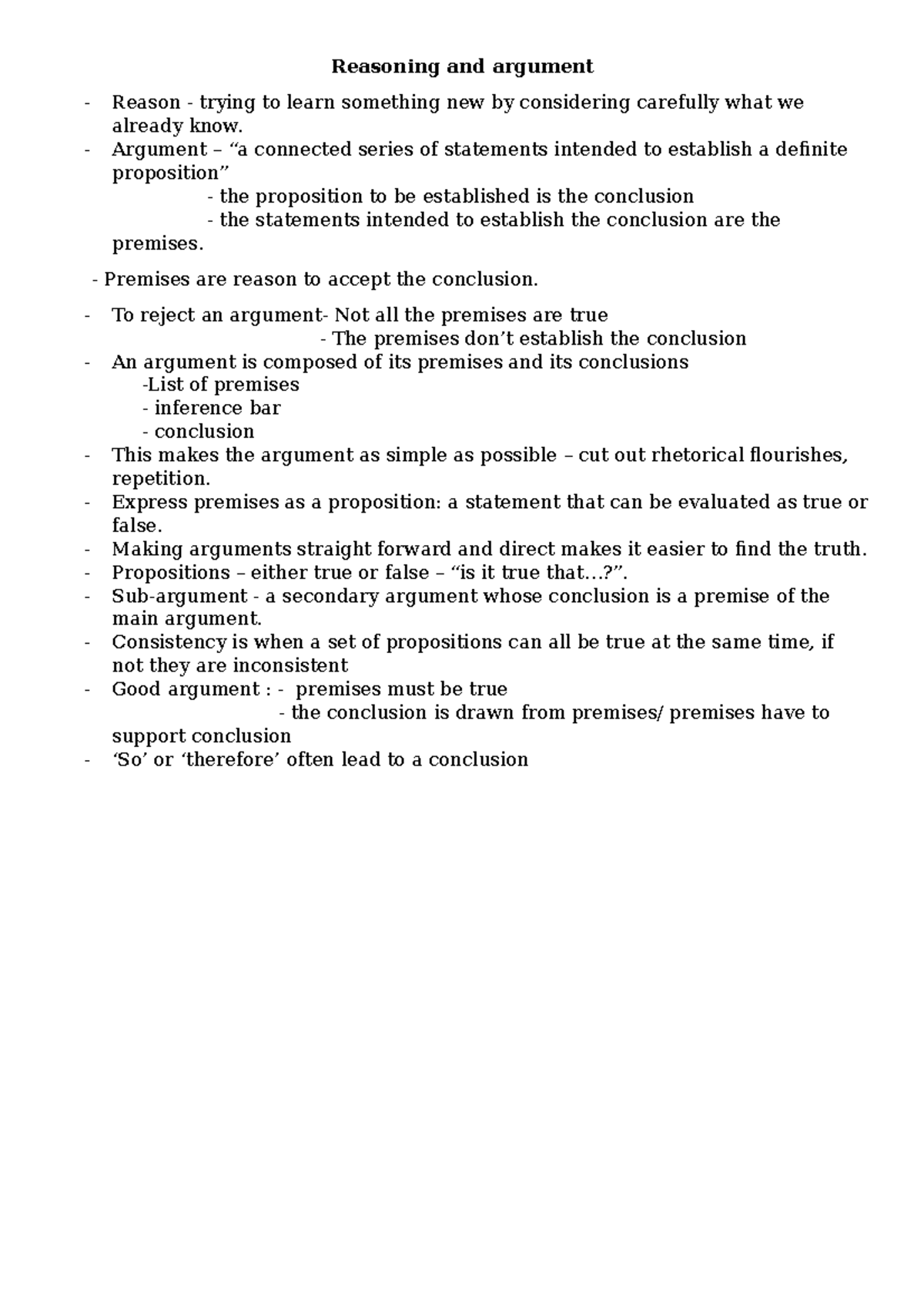 Reasoning and arguing - Lecture notes 1 - Reasoning and argument Reason ...