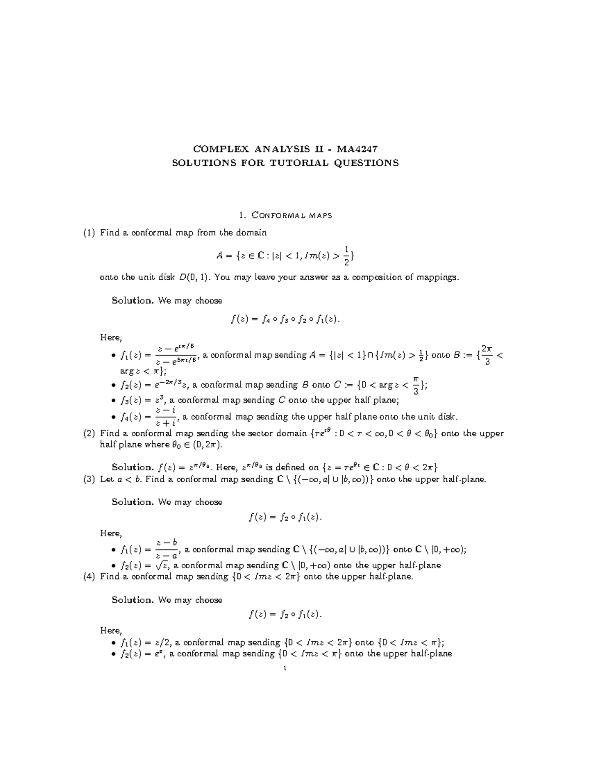 Composition of mappings - COMPLEX ANALYSIS II - MA SOLUTIONS FOR TUTORIAL QUESTIONS Conformal ...