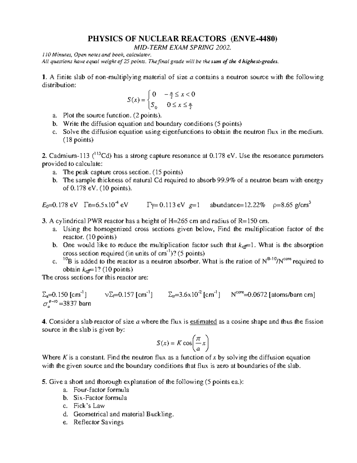 Mid Term 2002 - back exams - PHYSICS OF NUCLEAR REACTORS (ENVE-4480 ...