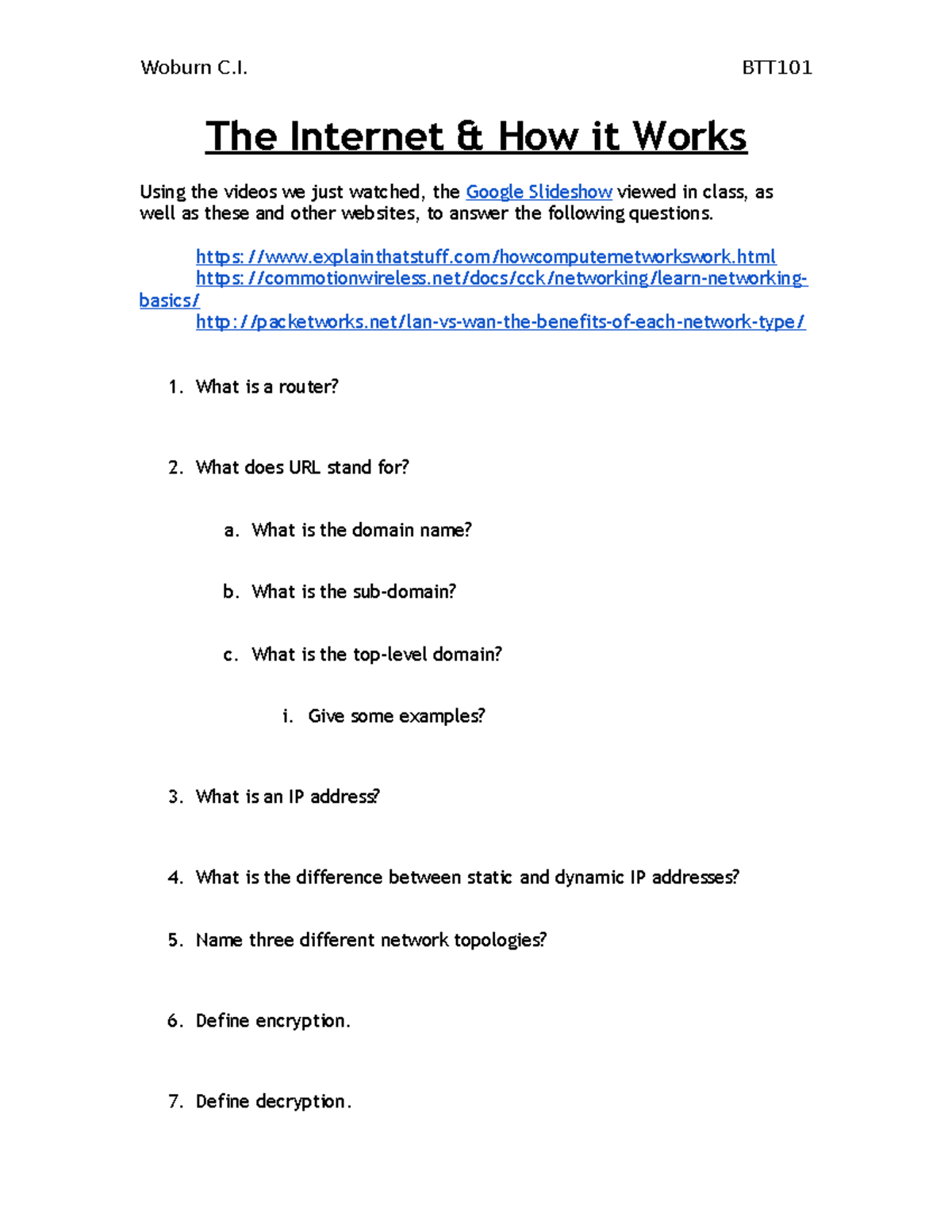 The Internet & How it Works Questions - Woburn C. BTT The Internet ...