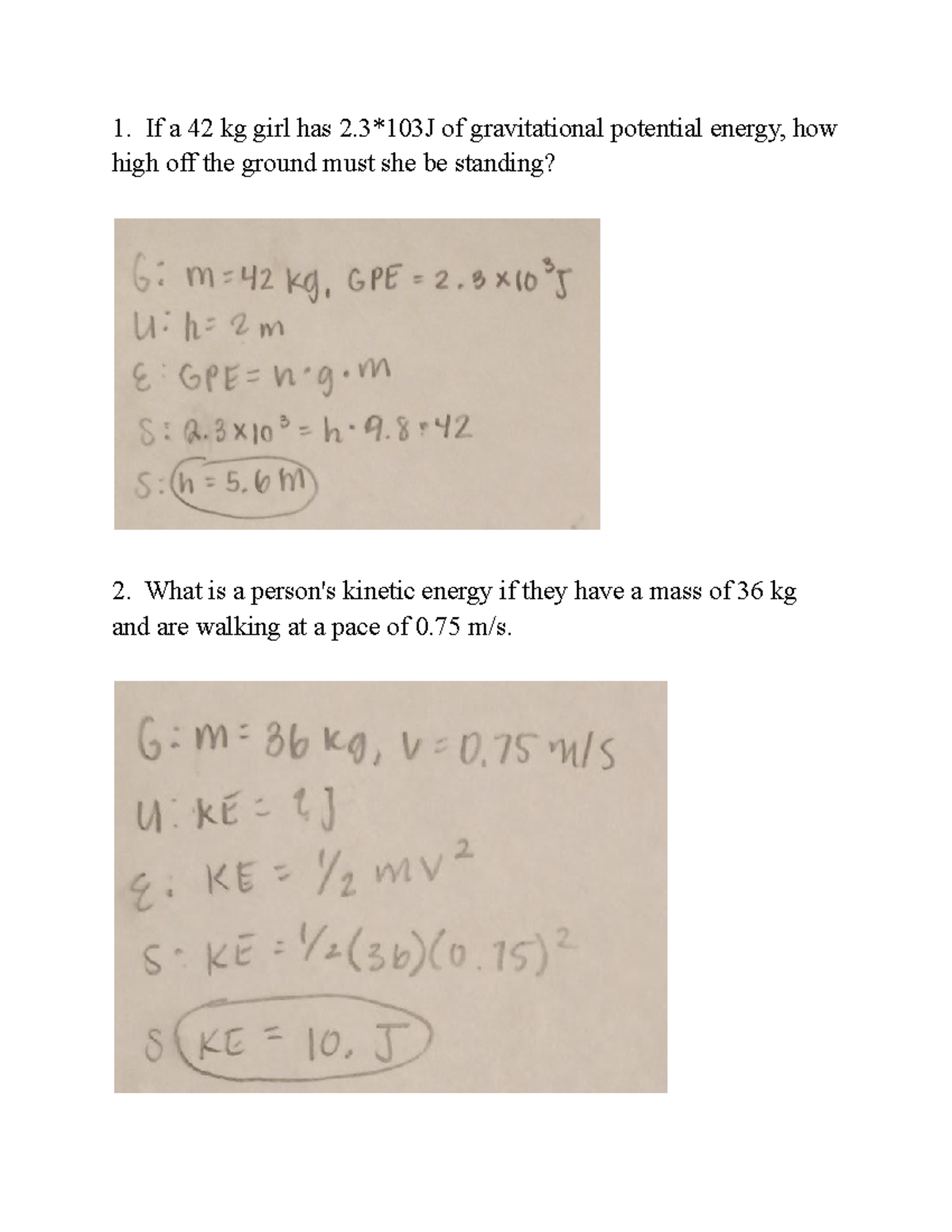 Potential Energy and Kinetic Energy Problems - If a 42 kg girl has 2 ...