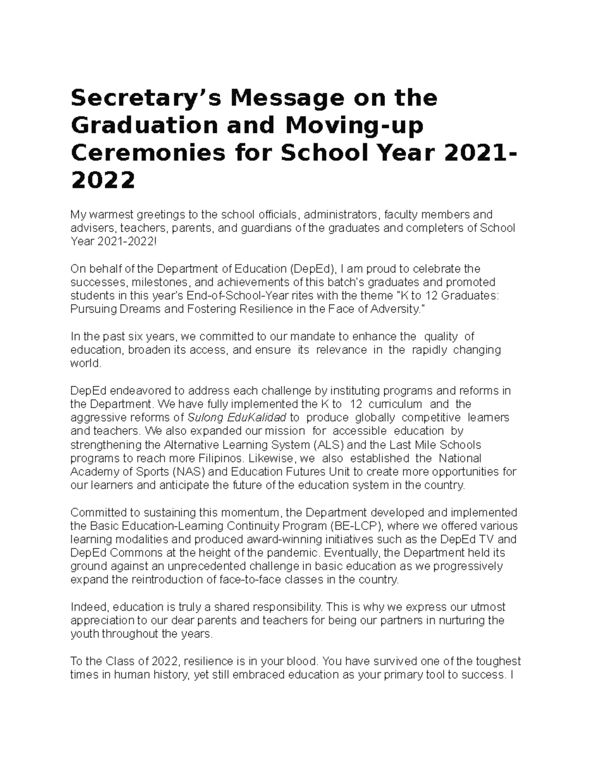 Message for grad 2022 - Secretary’s Message on the Graduation and ...