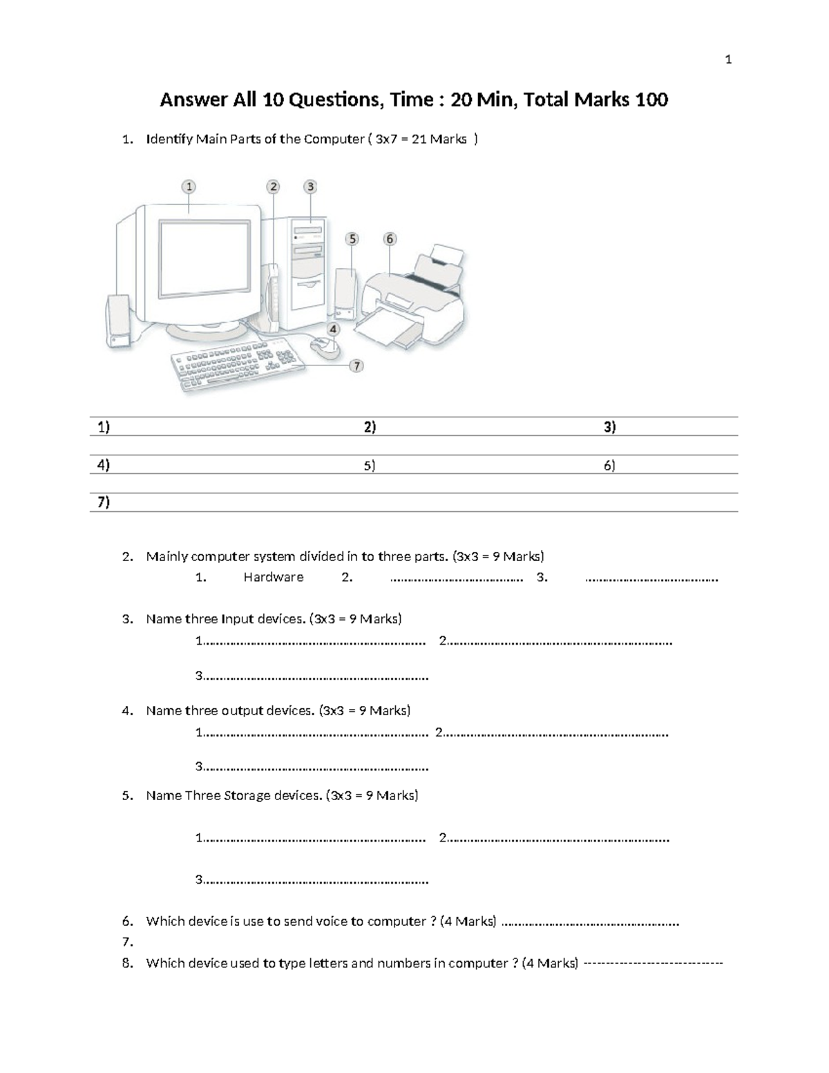 Grade 4 ICT Paper 1 - test - 1 Answer All 10 Questions, Time : 20 Min ...