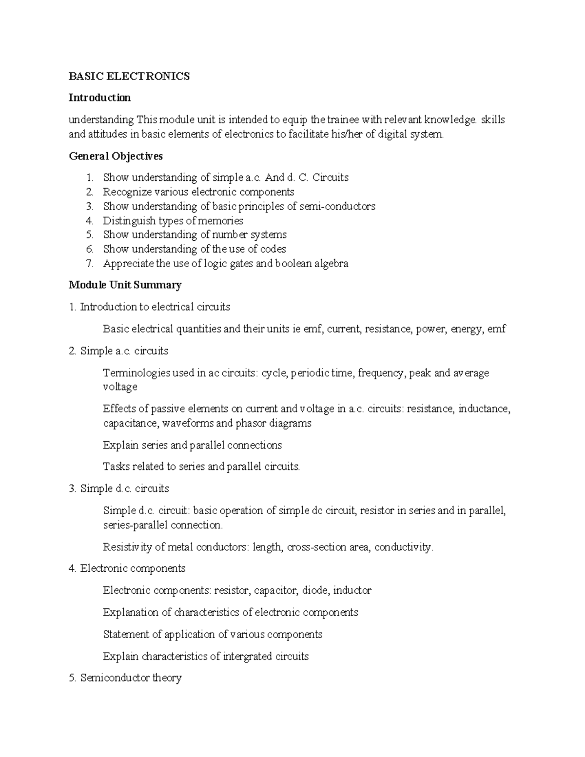 Basic Electronics Course Outline - BASIC ELECTRONICS Introduction understanding This module unit ...