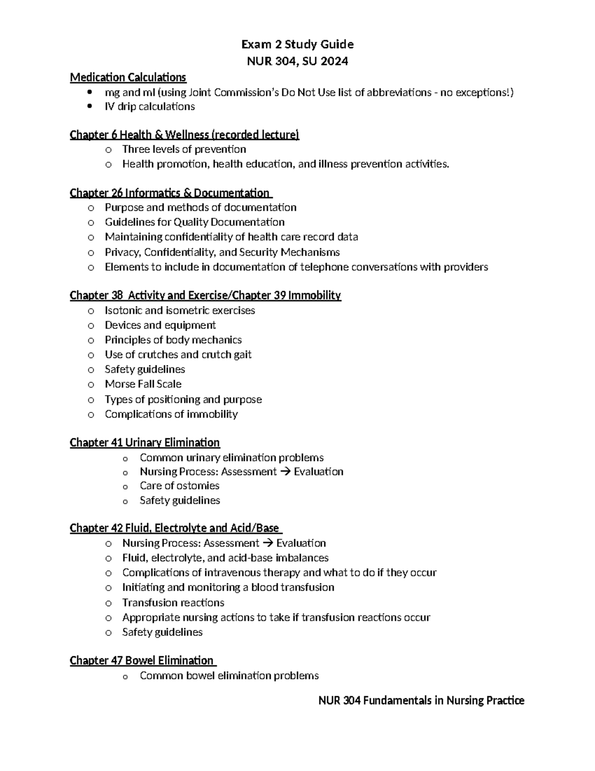 Exam 2 Study Guide SU 2024 - Exam 2 Study Guide NUR 304, SU 2024 ...