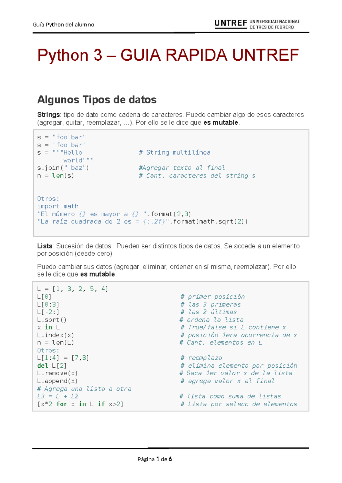 Guia Rapida Untrefpython 3-En Clase - Python 3 – GUIA RAPIDA UNTREF Algunos Tipos de datos ...