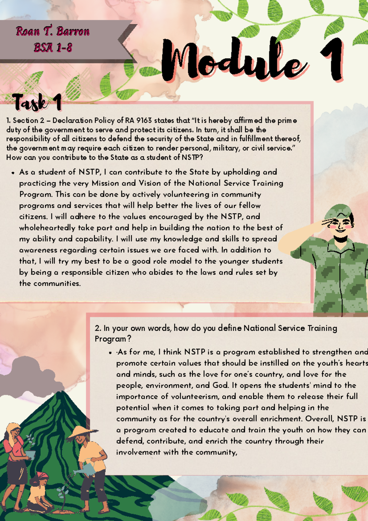 (Module 1) - Roan T. BarronRoan T. Barron BSA 1-8BSA 1- As a student of NSTP, I can contribute ...