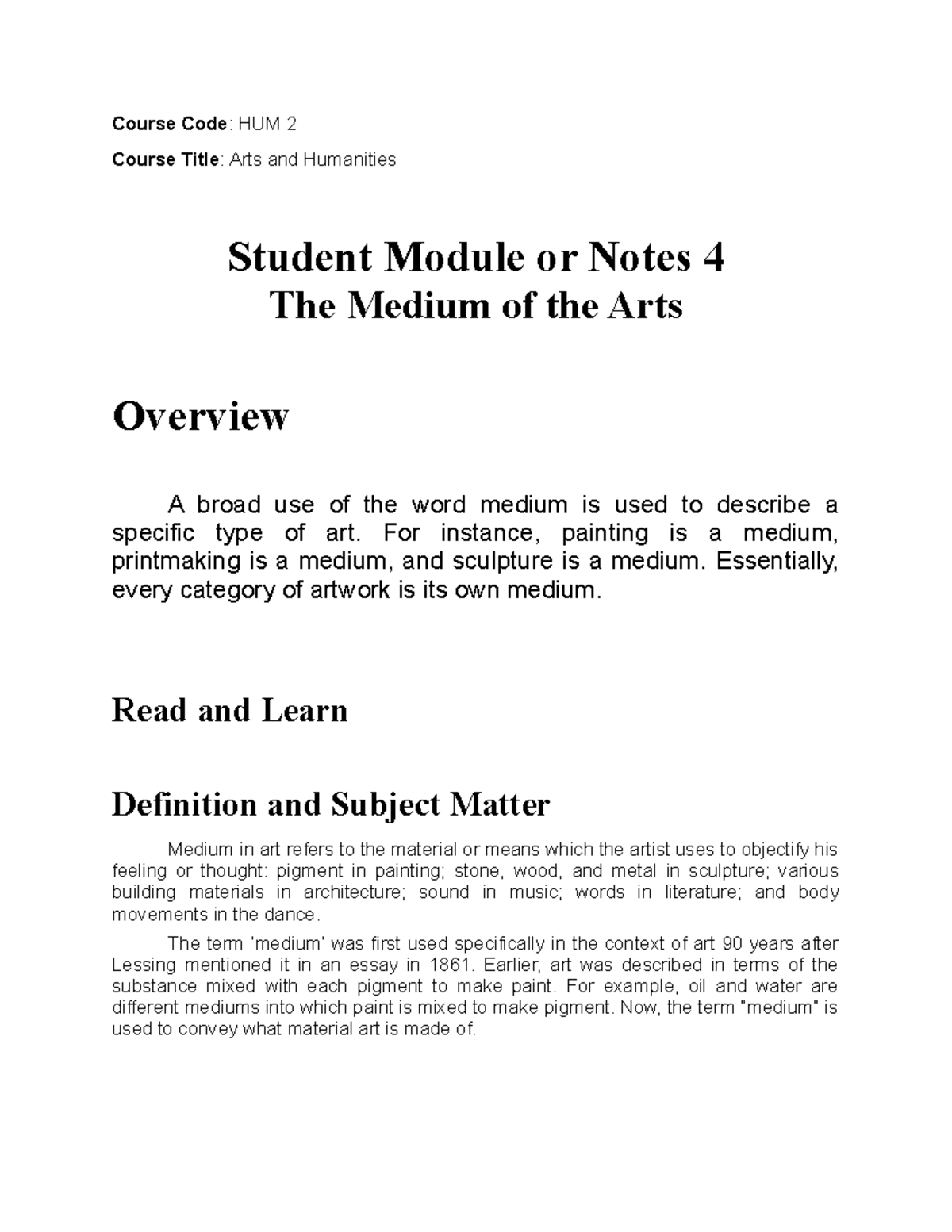 Student Module or Notes 4 in Arts & Huminities - Course Code : HUM 2 ...