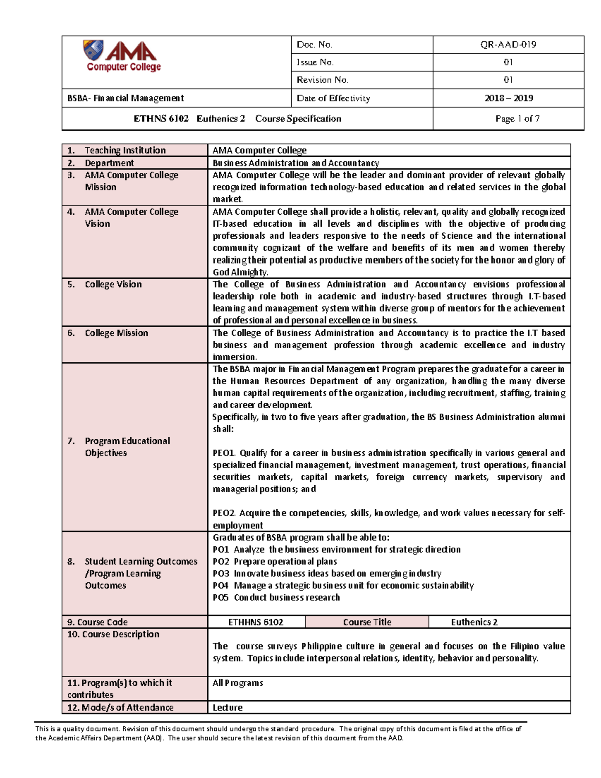 Euthenics 2 Course Specification - Issue No. 01 Revision No. 01 BSBA ...