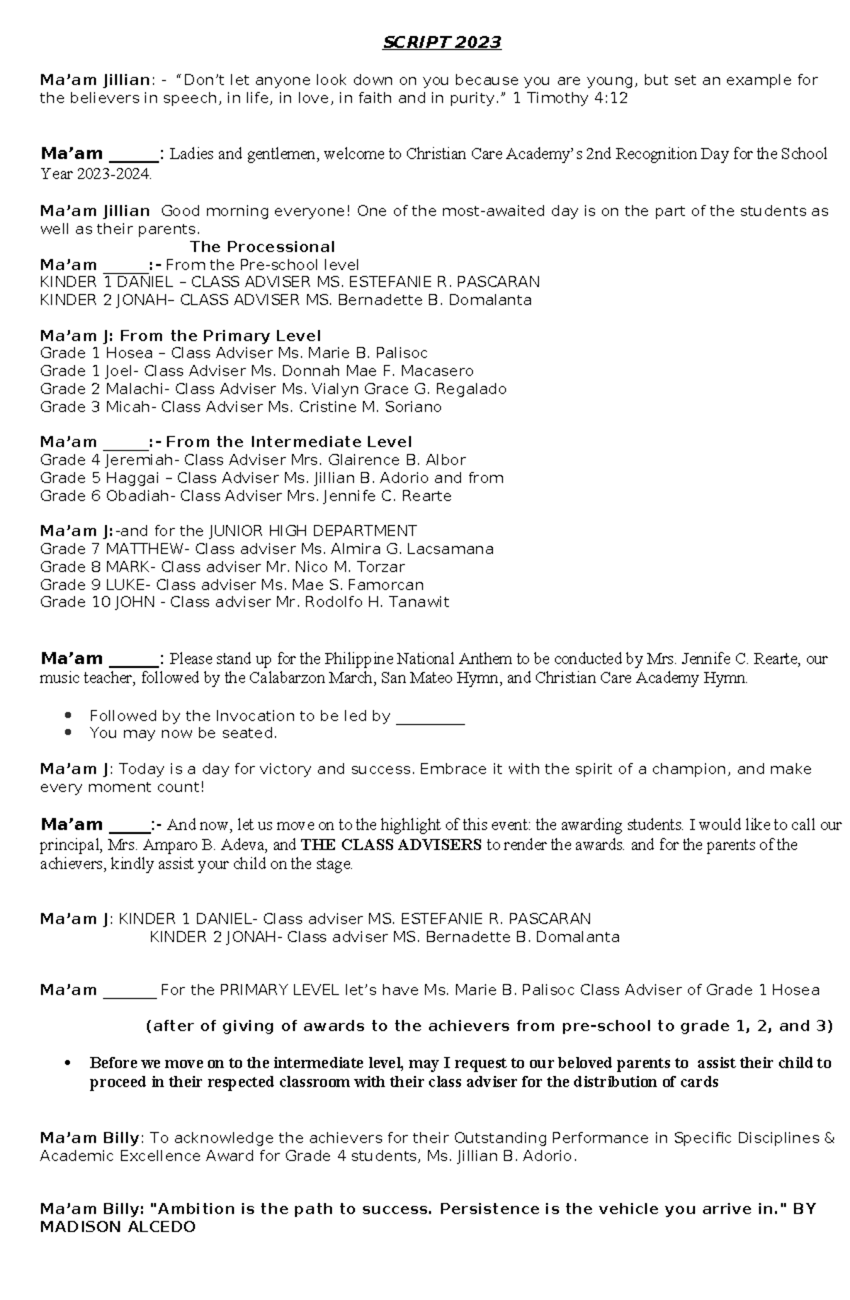 Recognition DAY Script NEW - SCRIPT 2023 Ma’am Jillian: - “Don’t let ...