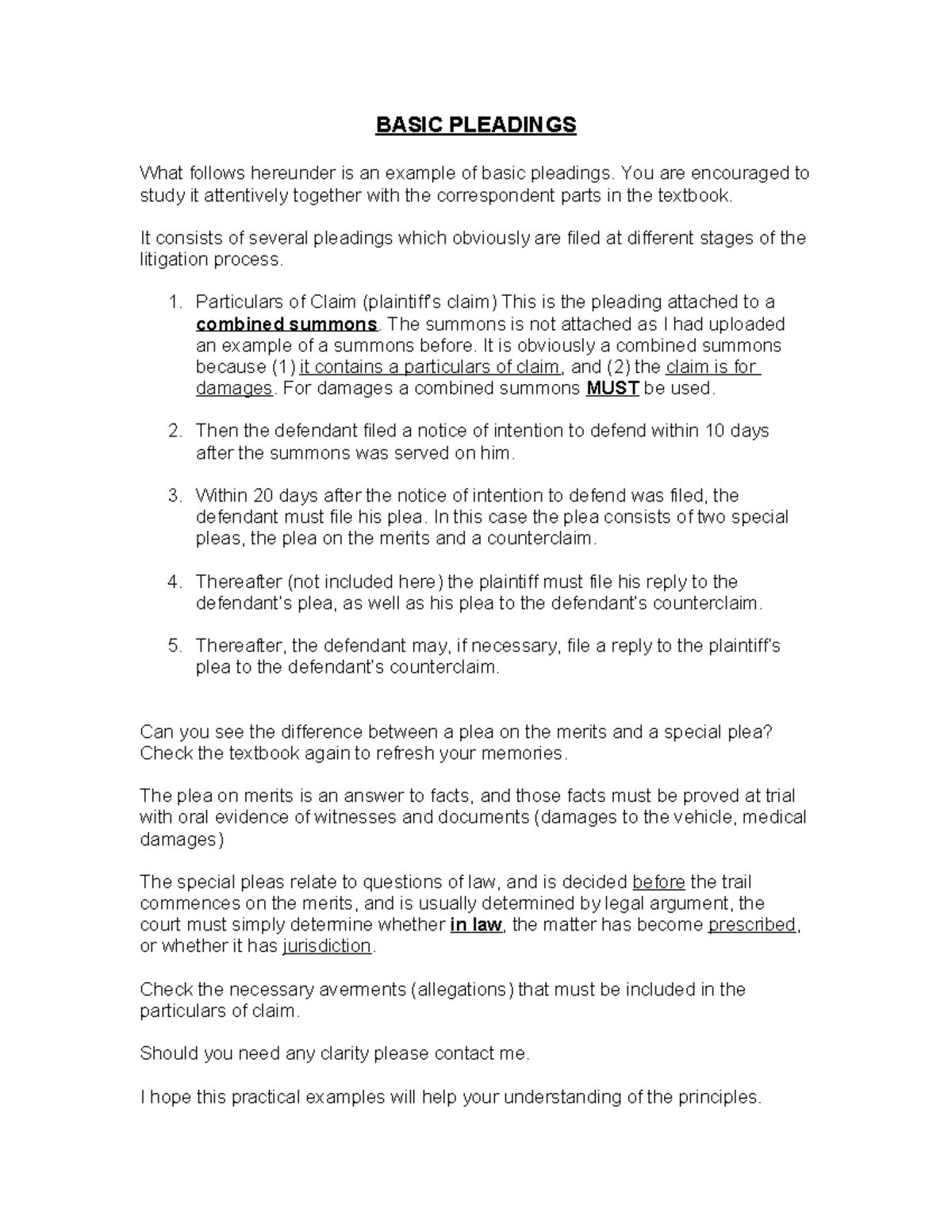 Particulars of claim plea and counterclaim - BASIC PLEADINGS What ...