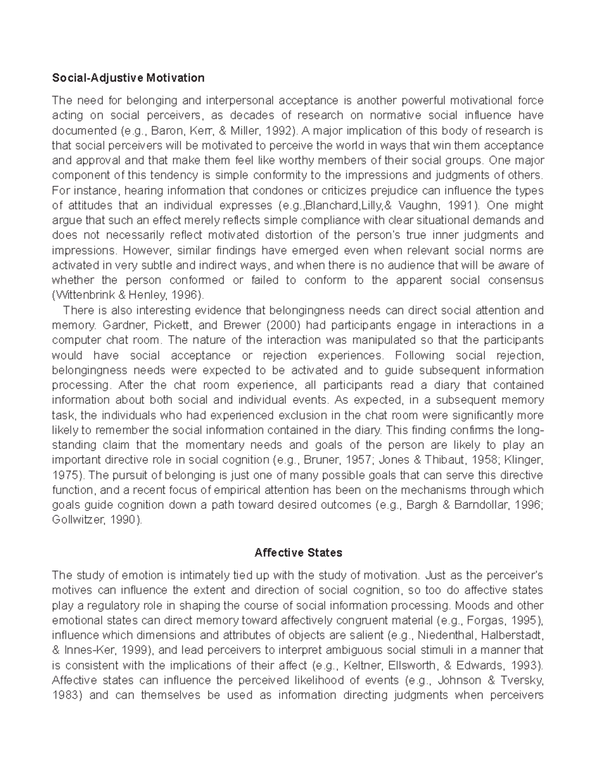 Social Cognition - Social-Adjustive Motivation The need for belonging ...