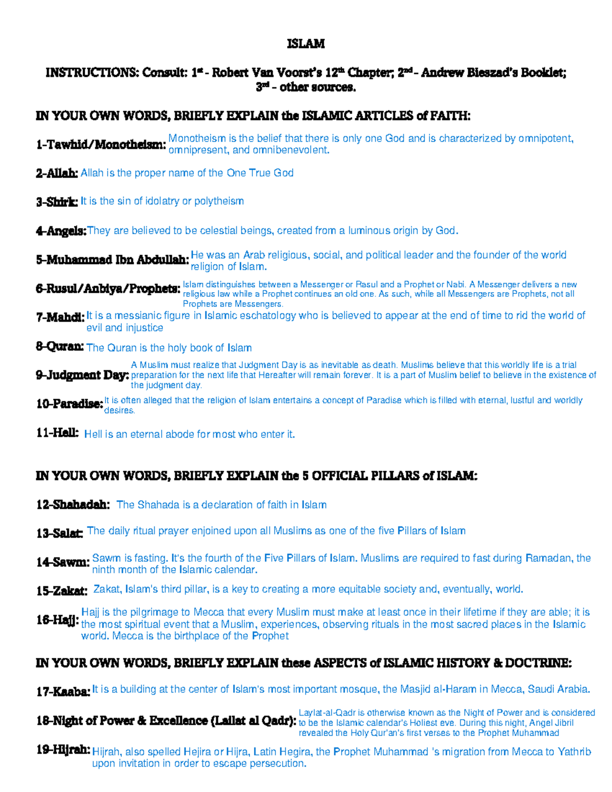 Islam Basics STU Assignment - Brief - ISLAM INSTRUCTIONS: Consult: 1 st ...