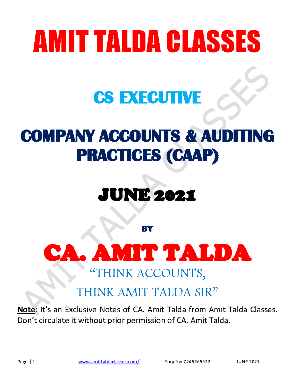 CAAP Revision Notes JUNE21 - AMIT TALDA CLASSES CS EXECUTIVE COMPANY ...