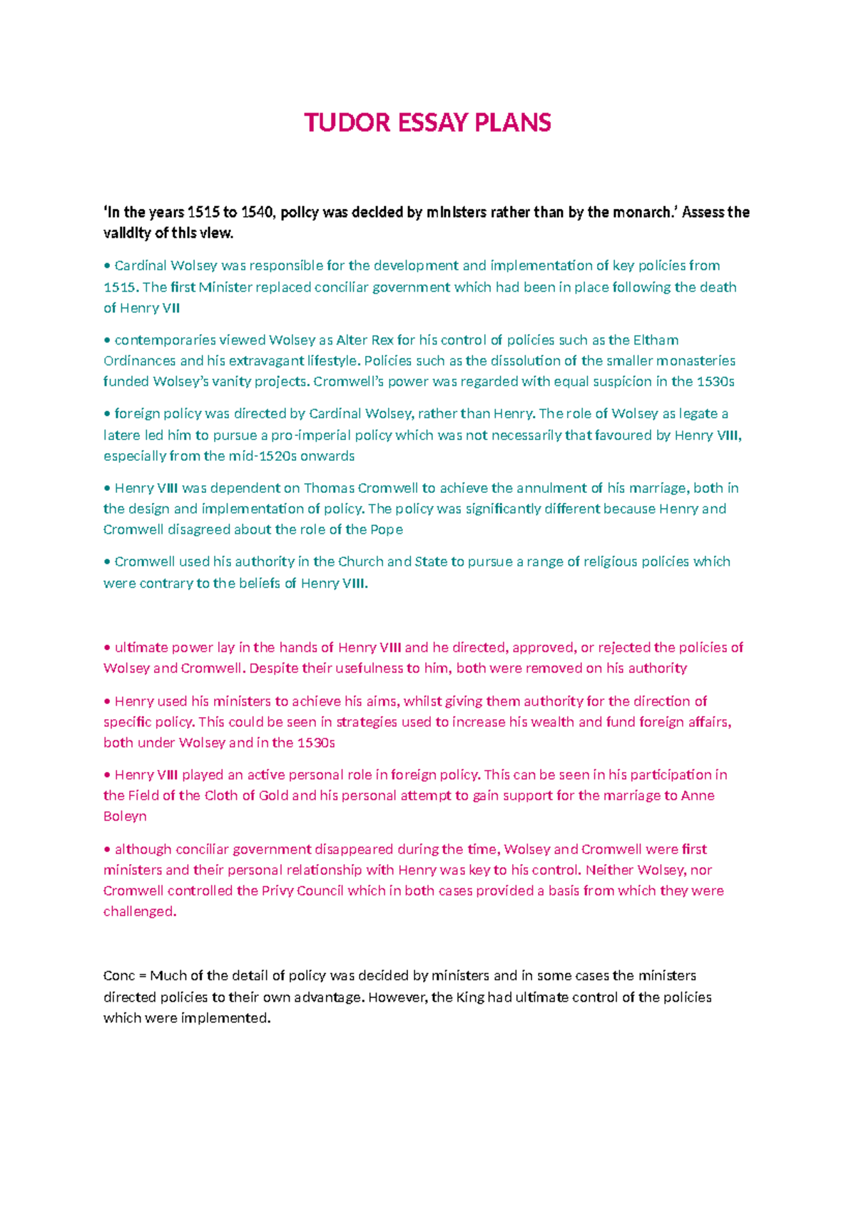 Tudor Essay Plans - TUDOR ESSAY PLANS ‘In the years 1515 to 1540 ...