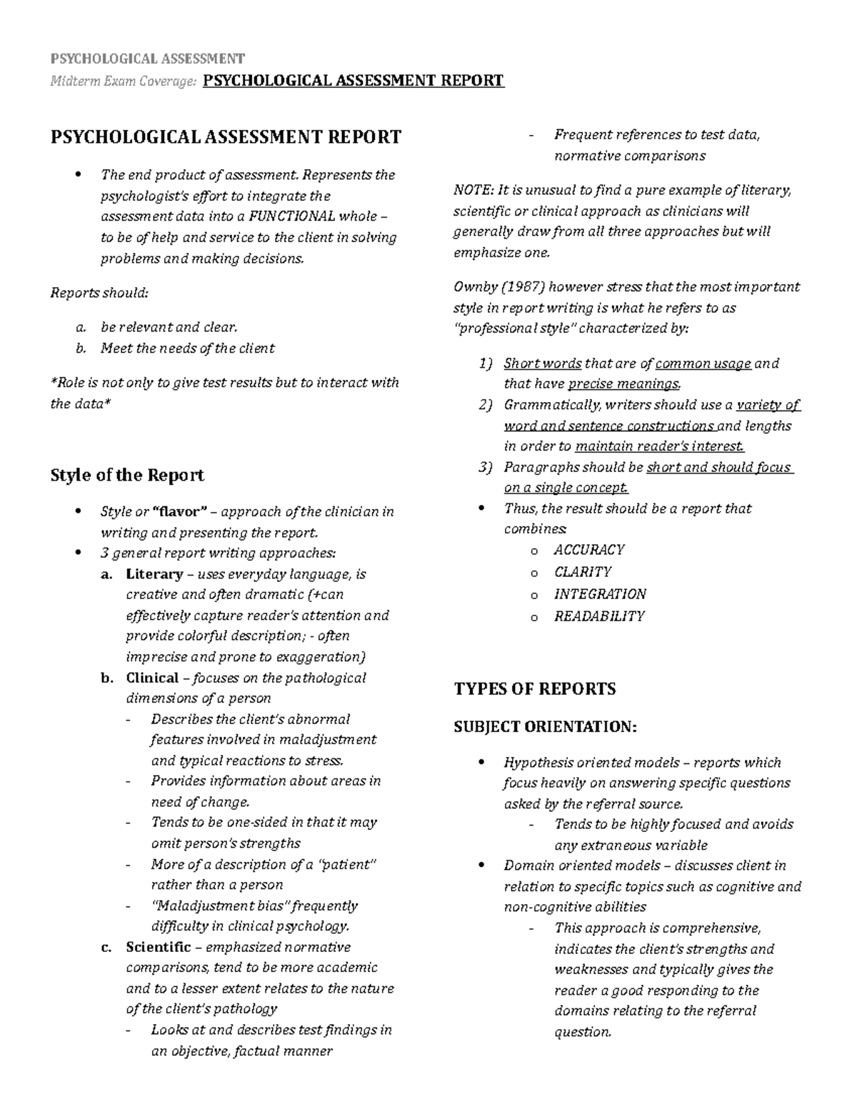 Psychological Assessment Report Midterm Exam Coverage PSYCHOLOGICAL