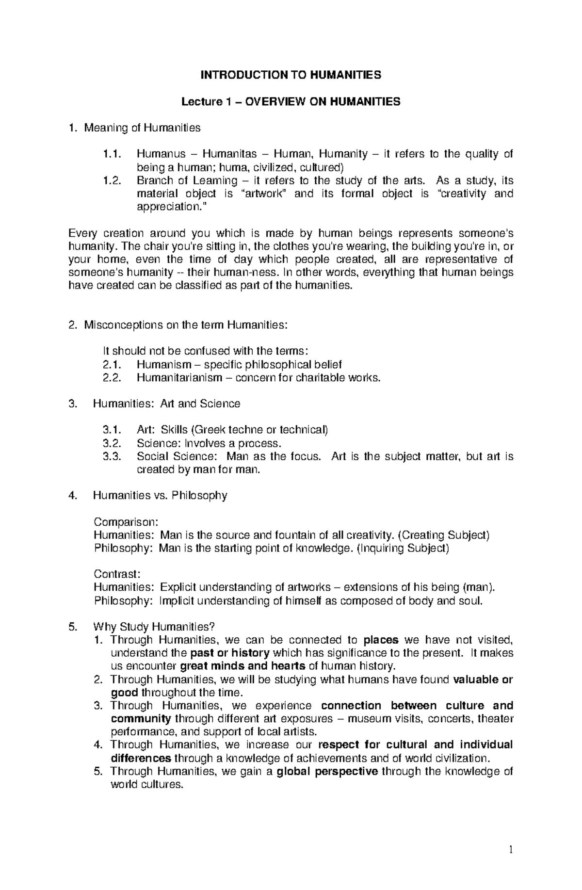 Humanities - INTRODUCTION TO HUMANITIES Lecture 1 – OVERVIEW ON ...