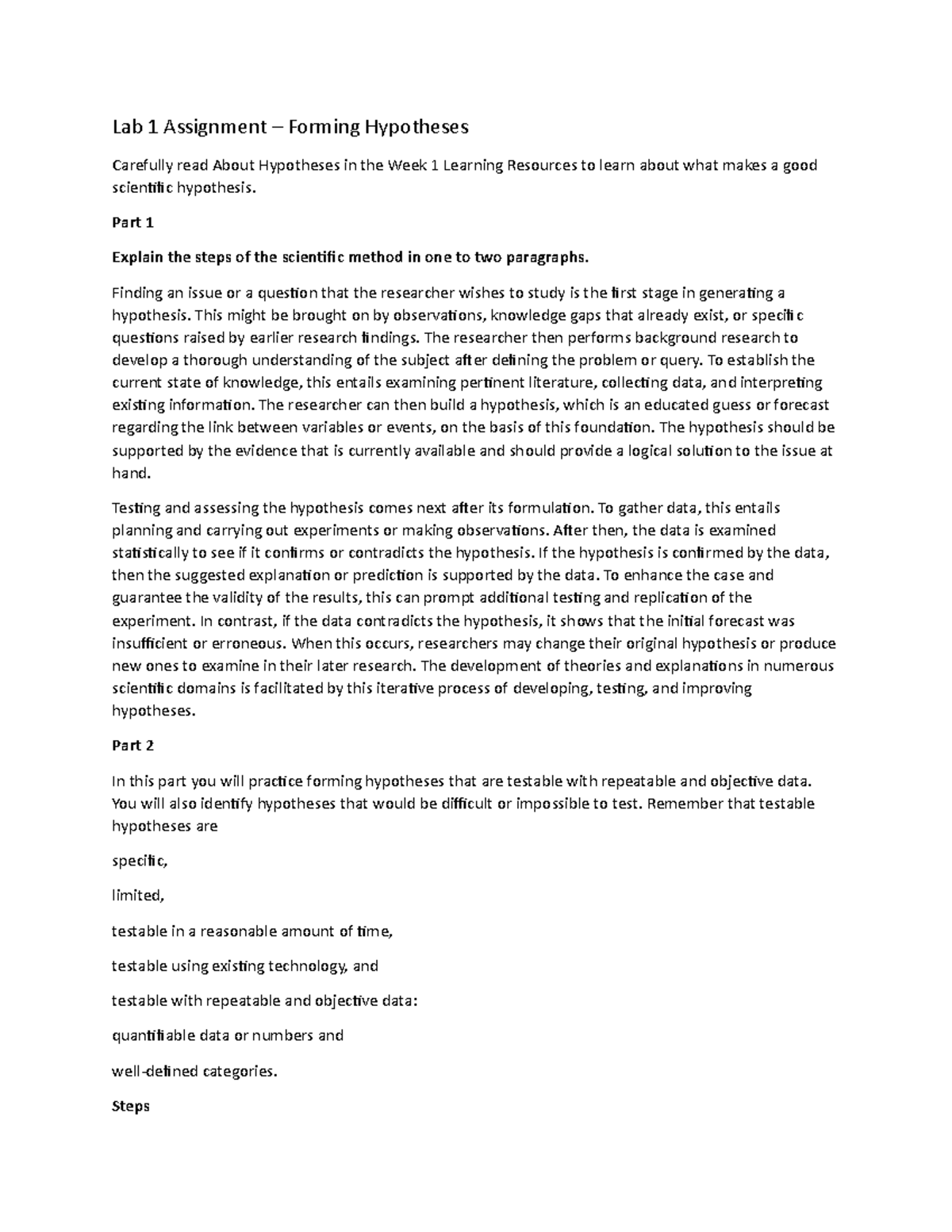 Document 11 - Explain the steps of the scientific method in one to two ...