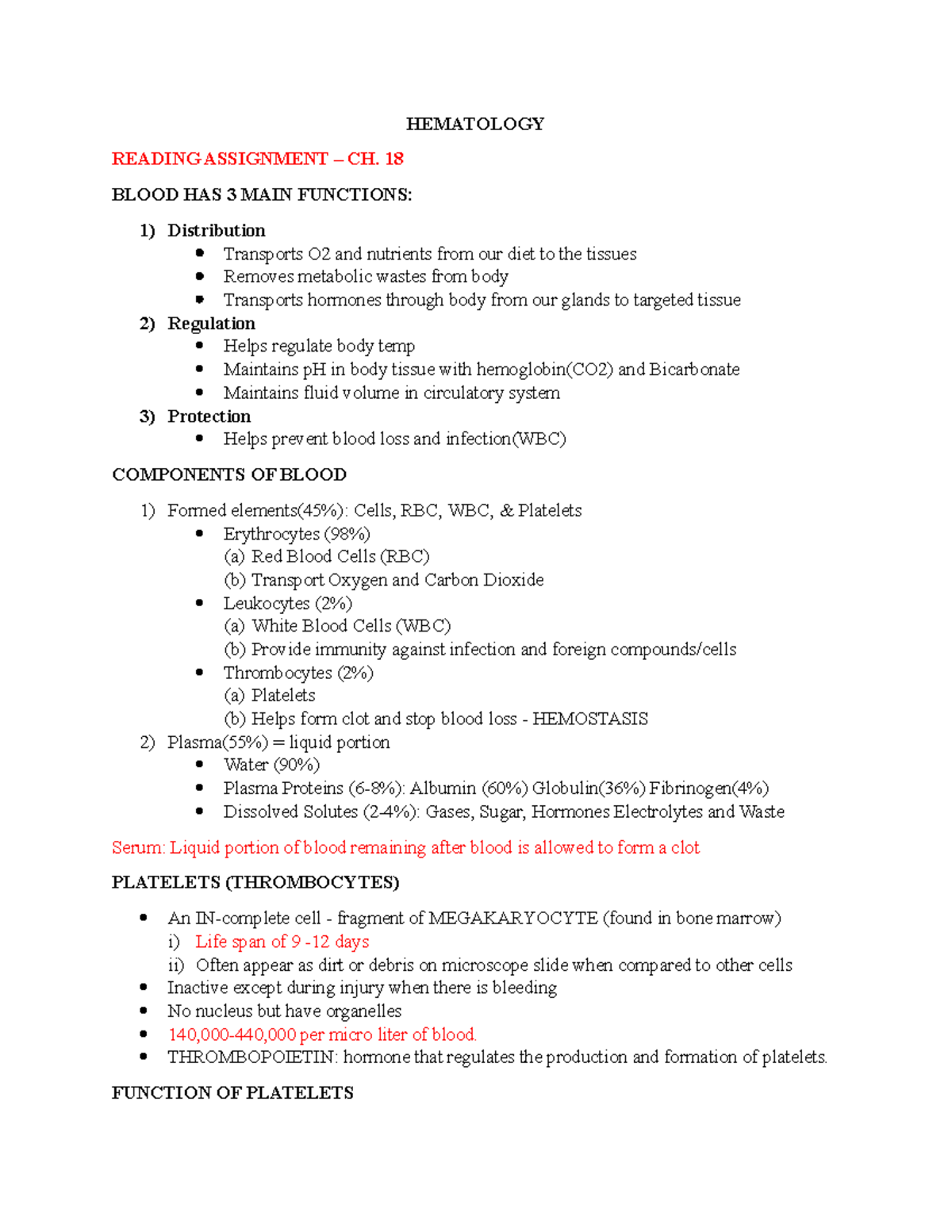 Mod. 1 Lecture Hematology - HEMATOLOGY READING ASSIGNMENT – CH. 18 ...