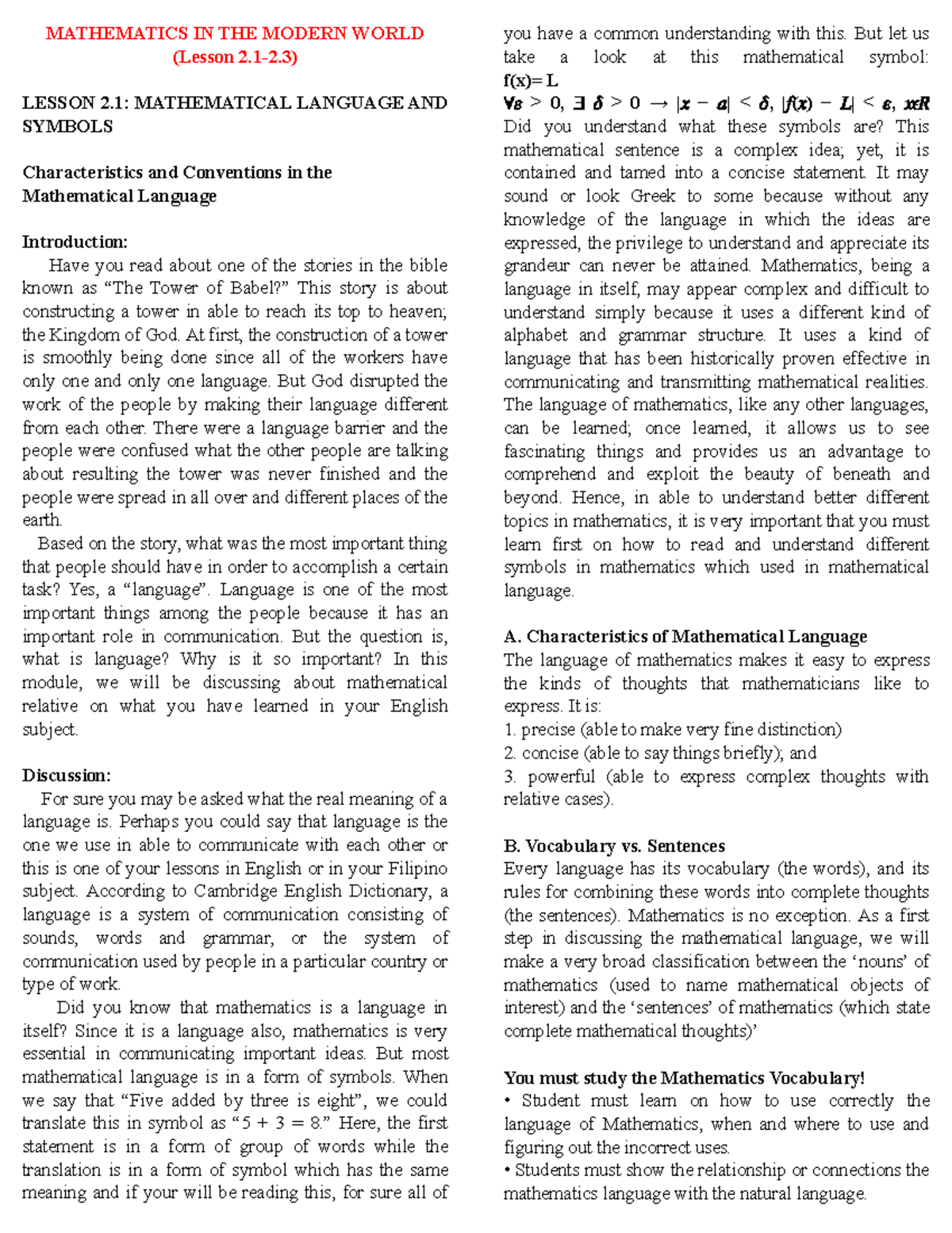 MMW Notes - MMW - MATHEMATICS IN THE MODERN WORLD (Lesson 2.1-2) LESSON ...