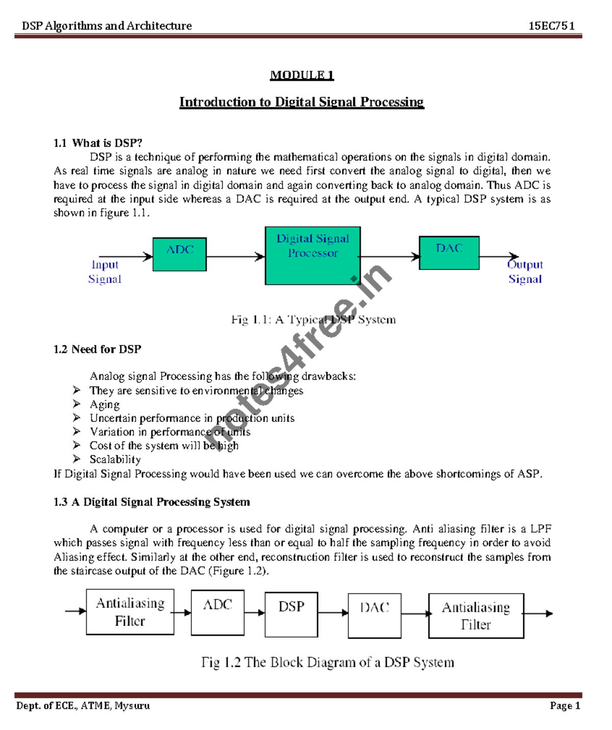 Dsp-1 - Reference - Dept. of ECE., ATME, Mysuru Page 1 MODULE 1 Introduction to Digital Signal ...