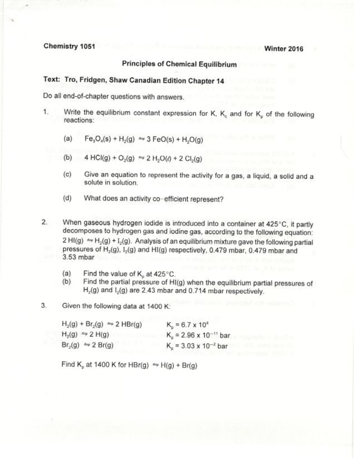 Chemical Equilibrium Practice - Chemistry 1051 Winter 2016 Principles ...