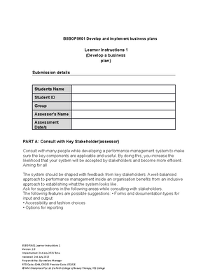 7. Bsbops 601 Assessment 2 Learner - BSBOPS601 Develop and implement business plans Learner ...