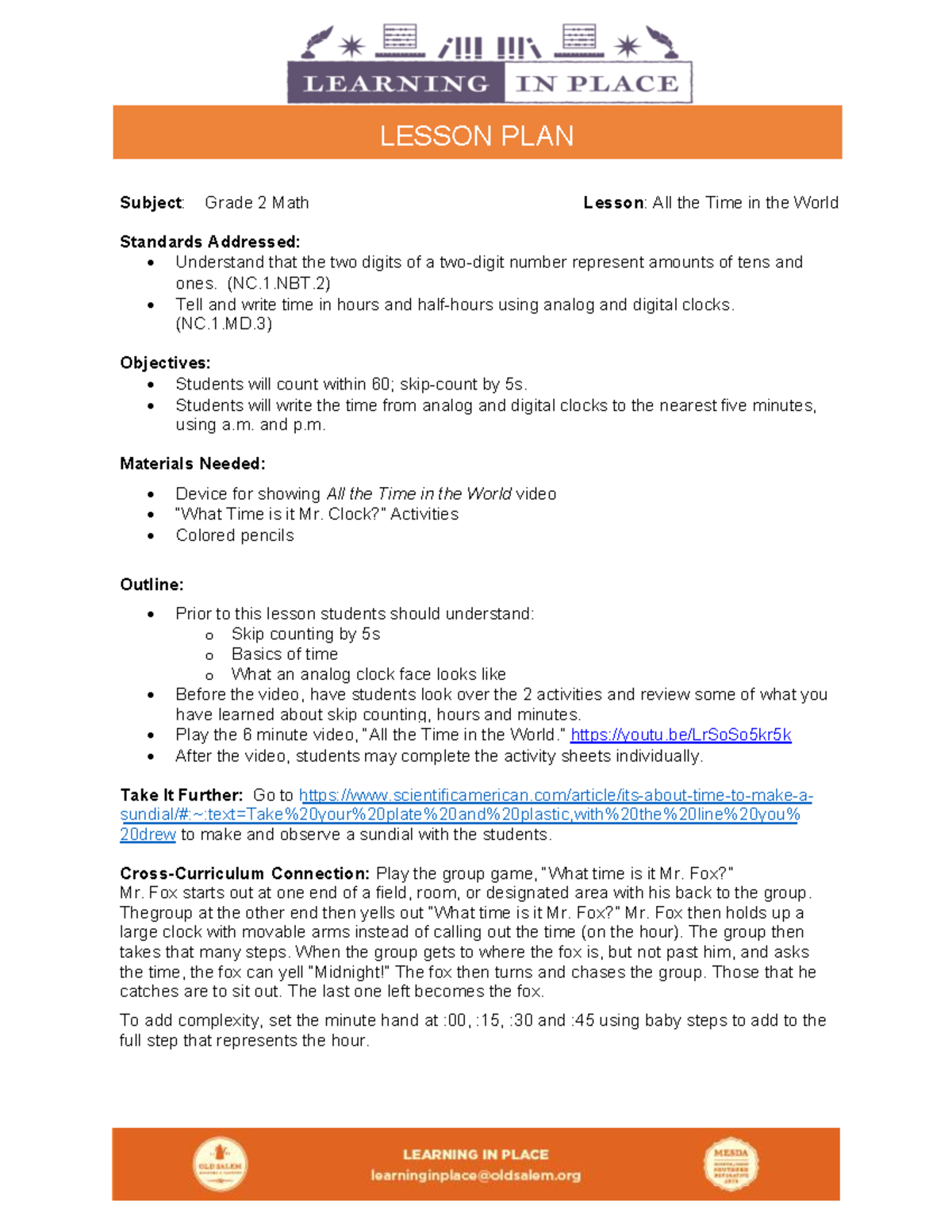 Grade 2 Math All the Time in the World - LESSON PLAN Subject: Grade 2 ...