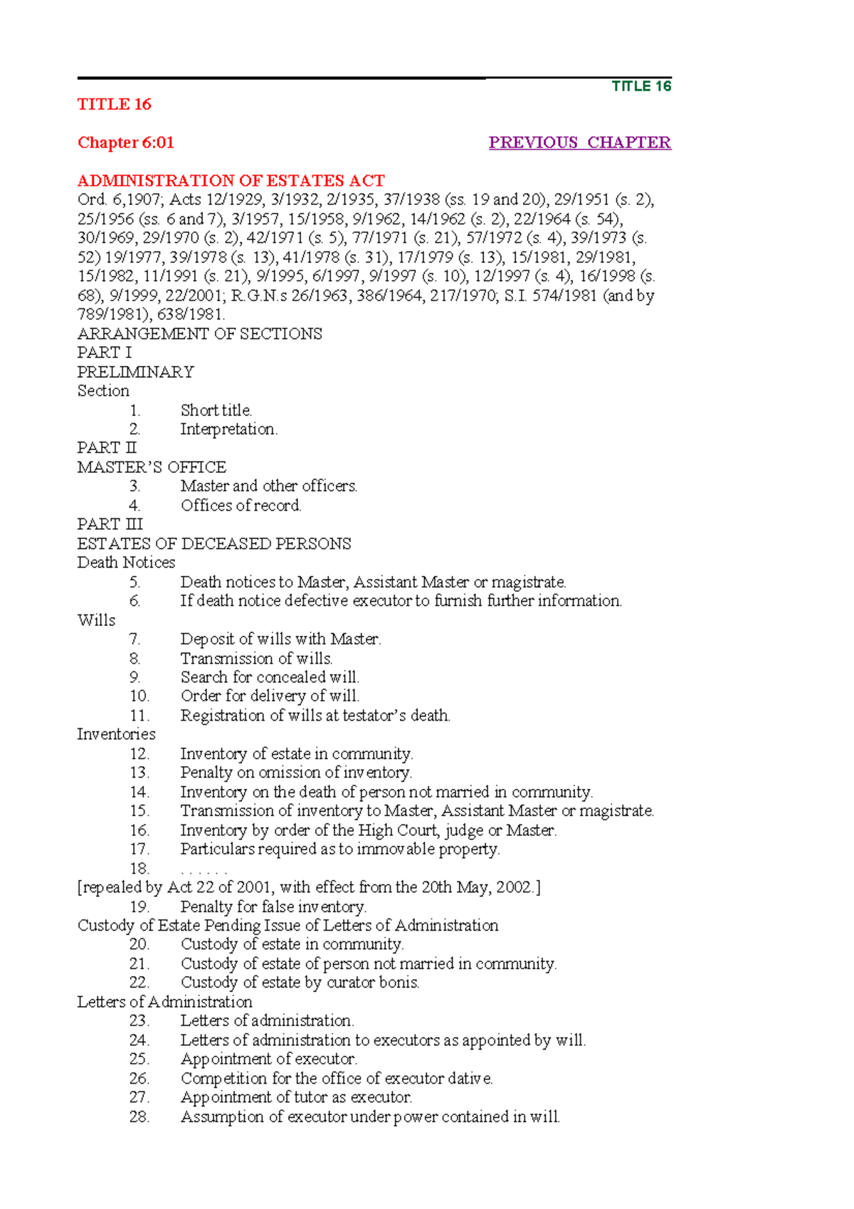 Administration OF Estates ACT 6 01 - TITLE 16 Chapter 6:01 PREVIOUS ...