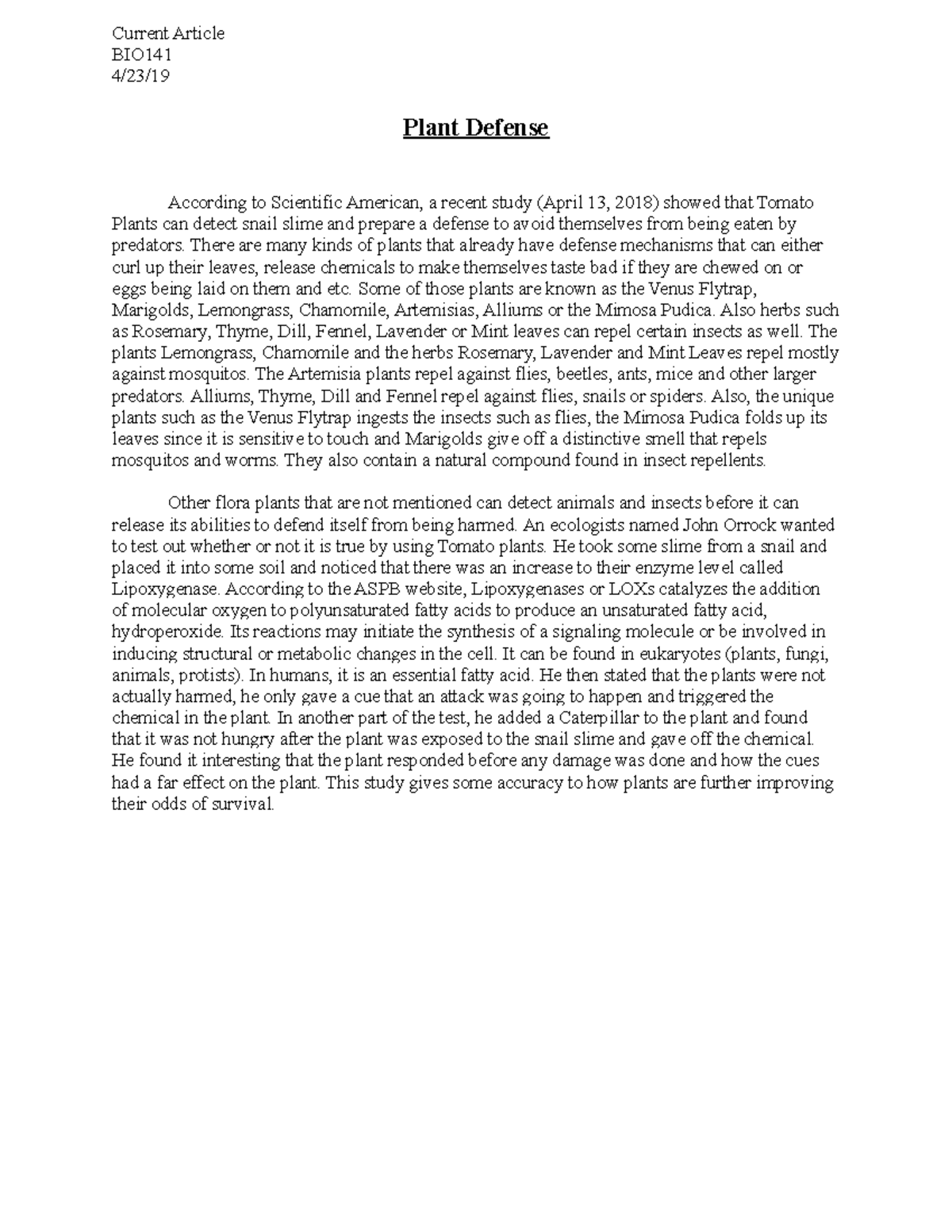 Plant Defense - Current Article BIO 4/23/ Plant Defense According to ...