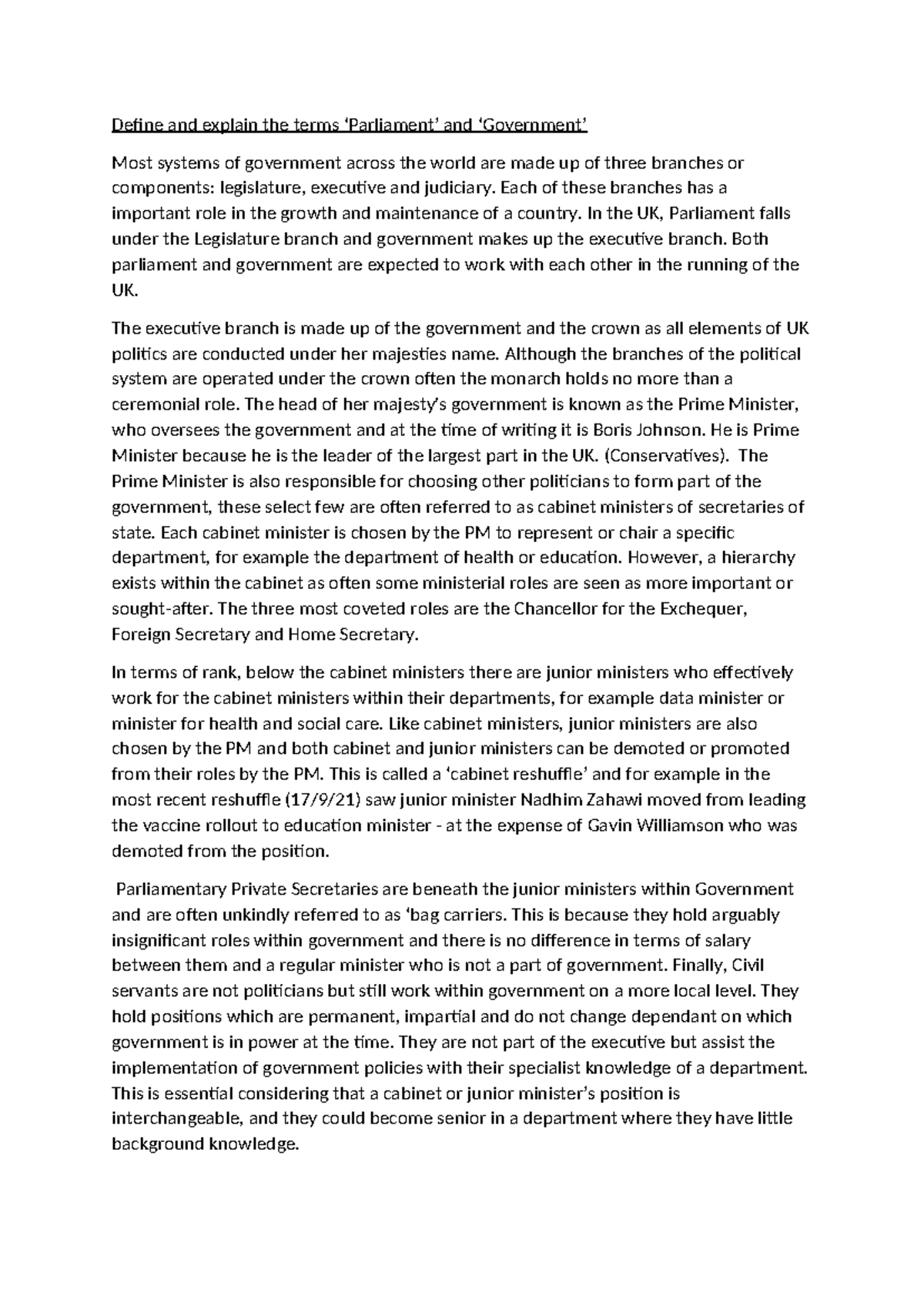 Politics essay - parliament and government - Define and explain the ...