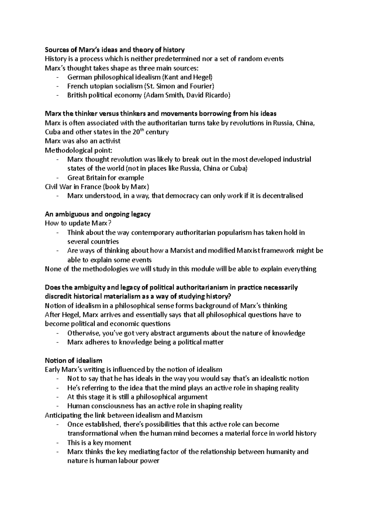 Week 3- Marxist - Notes on Marxism - Sources of Marx’s ideas and theory ...