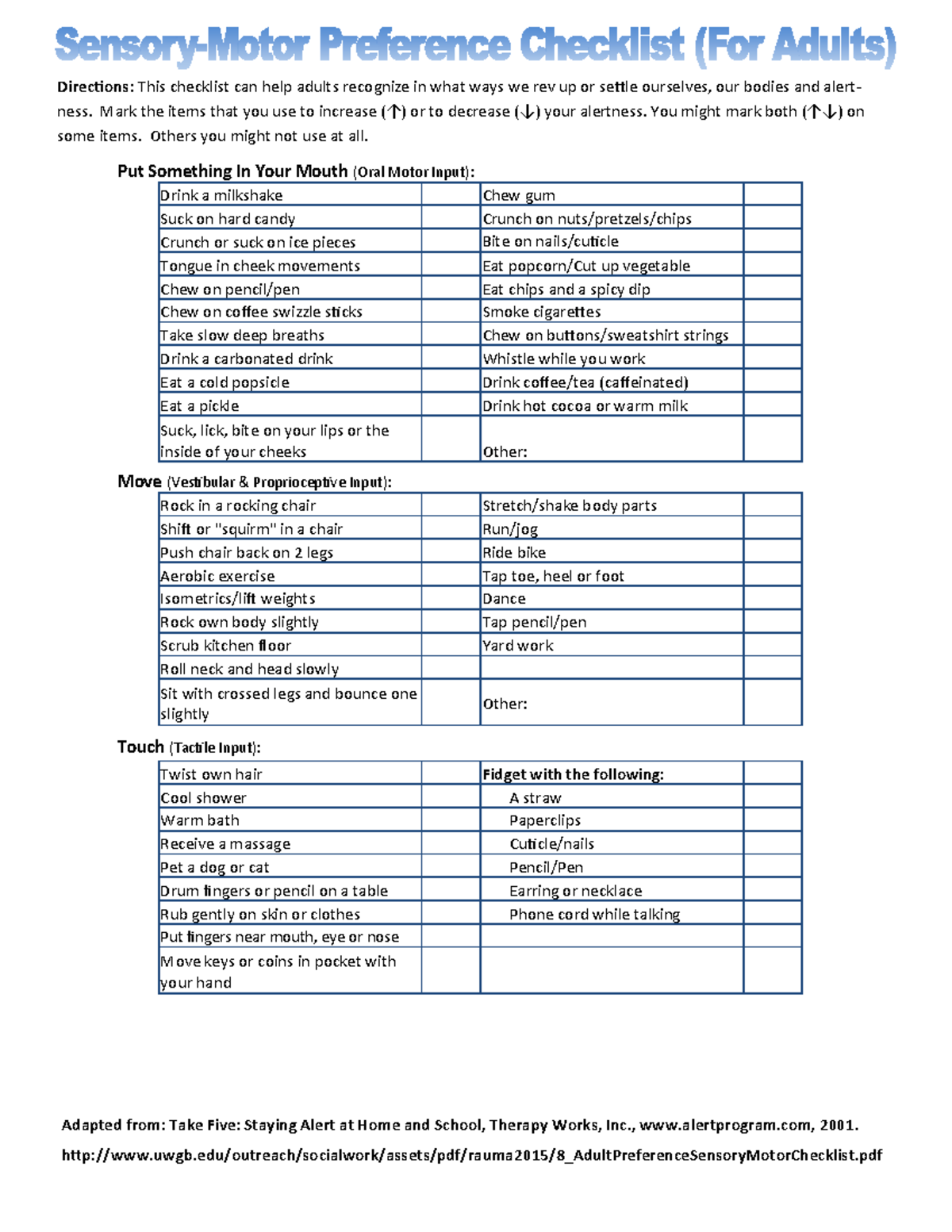 Sensory Motor Checklist For Adults - Directions: This checklist can ...